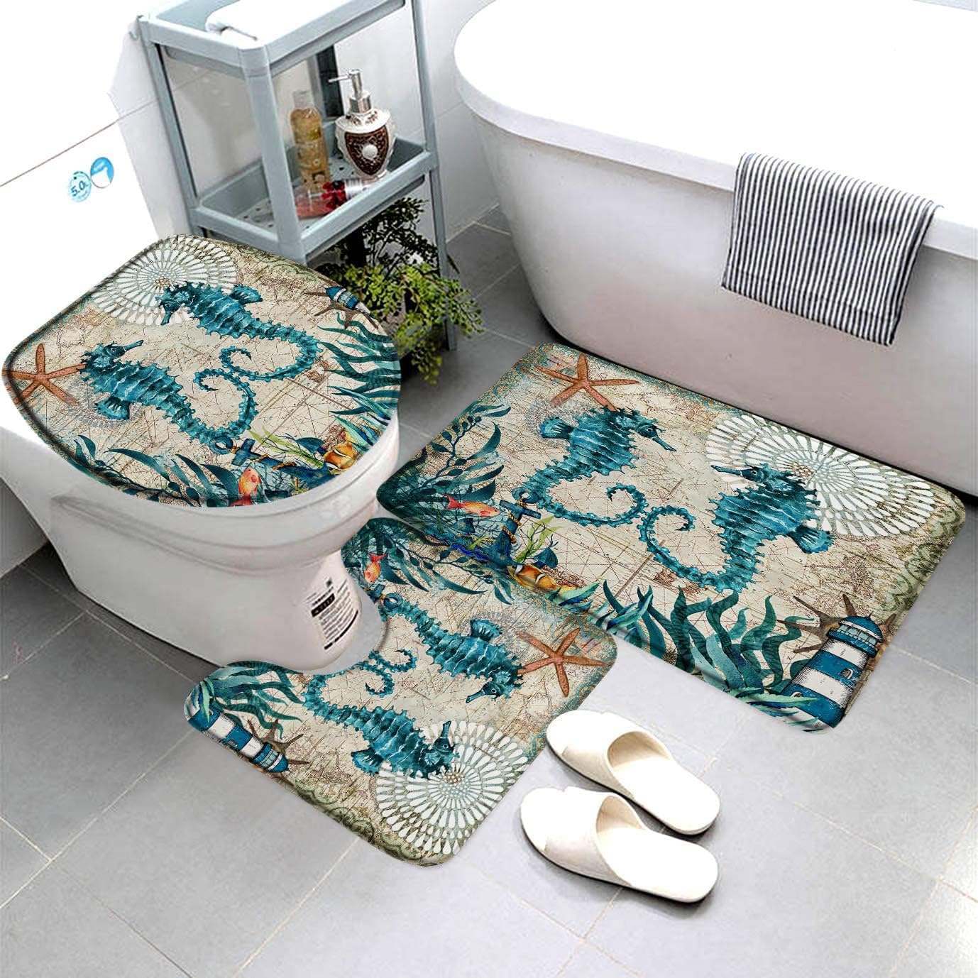 Amazon.com: Seahorse Bath Mat 3 Piece Set Bathroom Rug Blue Green ...