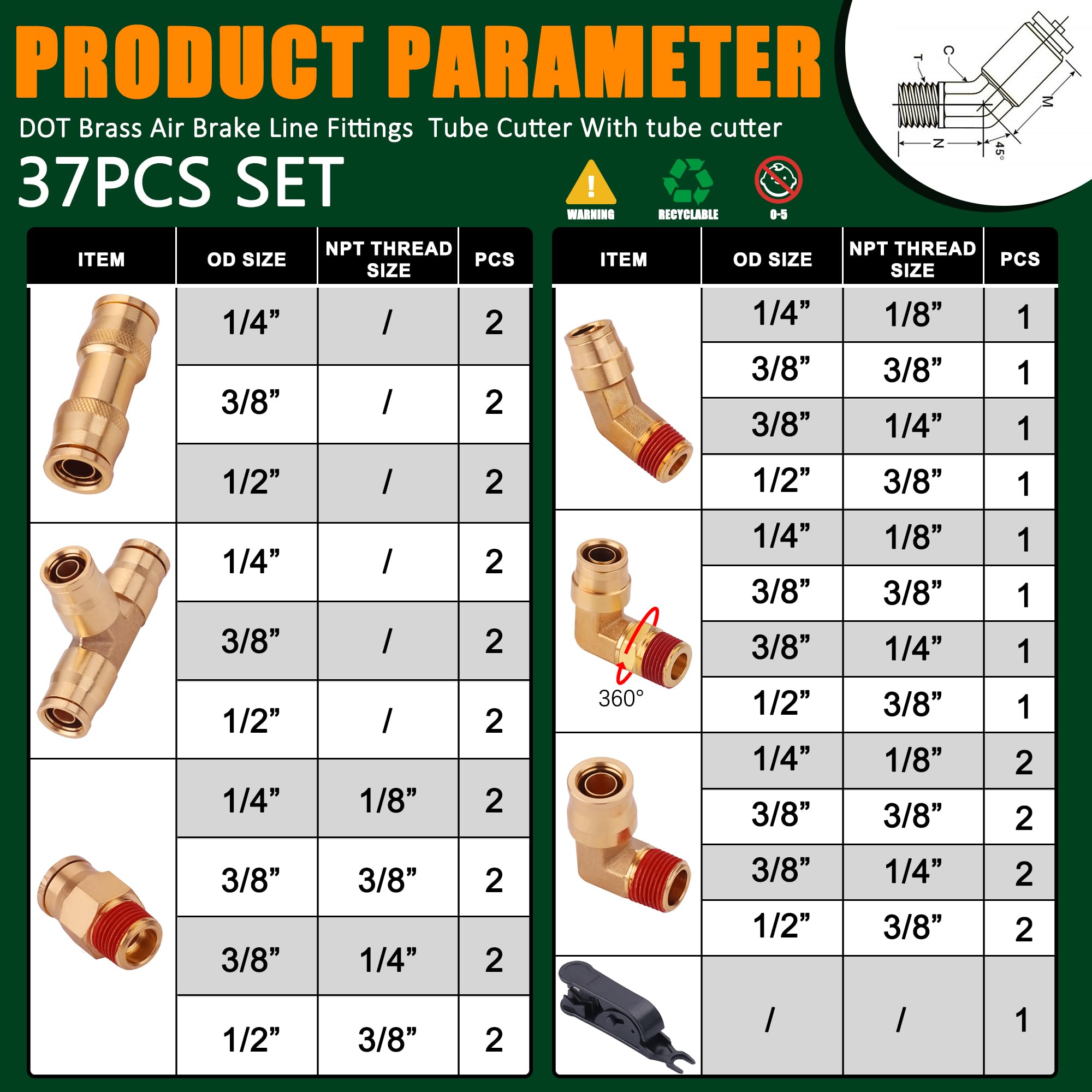 Snapklik.com : Ailbiuko 37Pcs Brass DOT Air Brake Line Fittings ...
