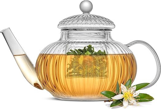 Amazon.com | JoyJolt Fluted Glass Teapot Set 34oz, Stovetop Safe Tea ...