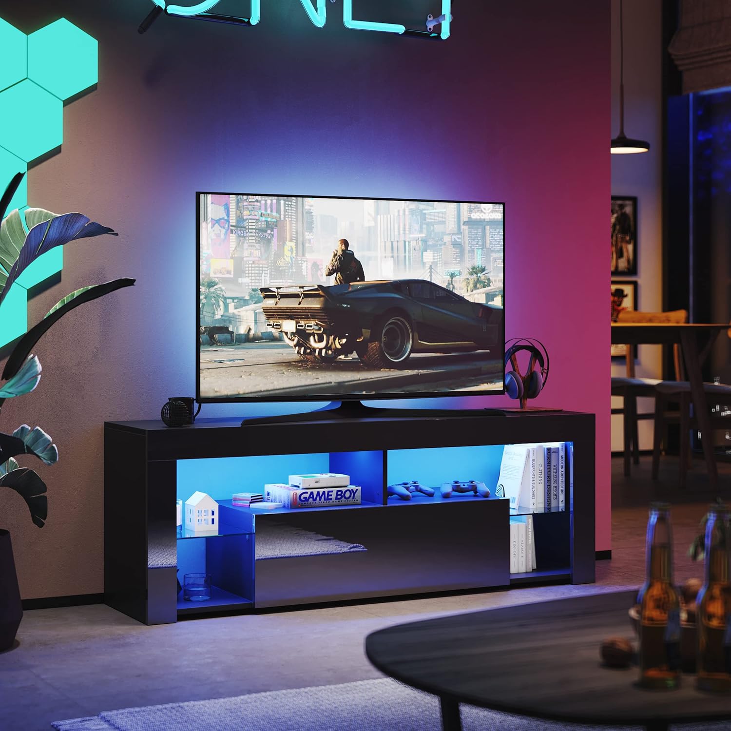 SUNXURY LED TV Lowboard Black TV Cabinet 140 cm with 16 LED Colours ...