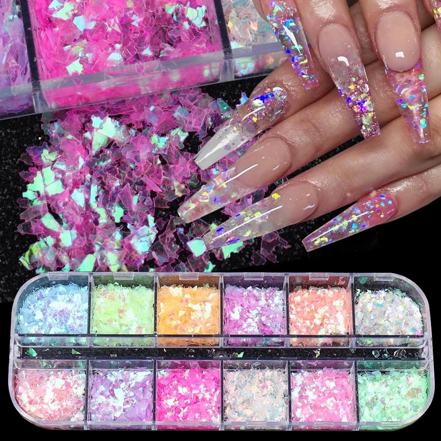 Amazon.com: 12 Colors Holographic Nail Art Glitter Sequins Iridescent ...