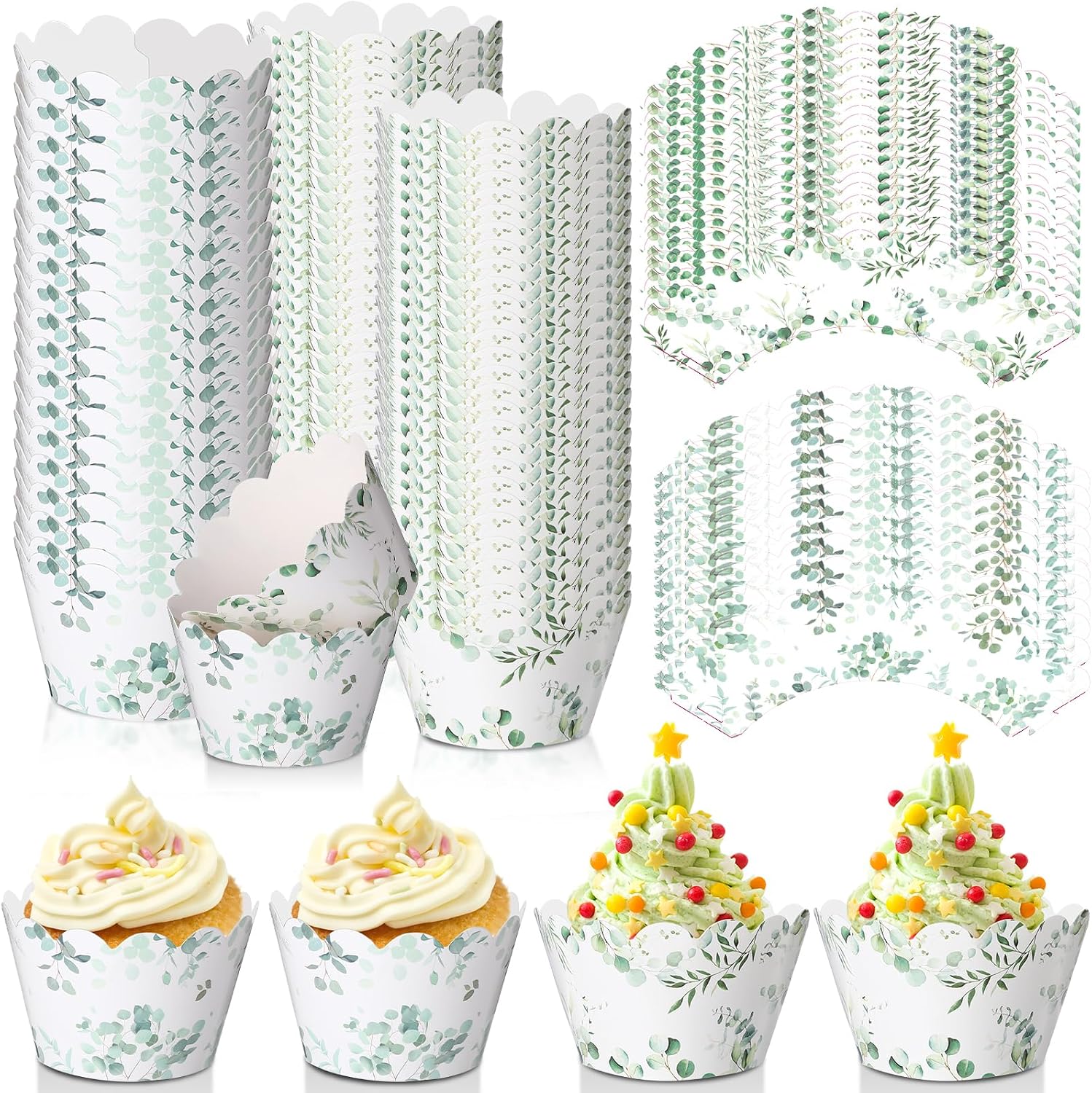 Amazon.com: Domensi 100 Pcs Eucalyptus Cupcake Wrappers Rustic Cupcake ...