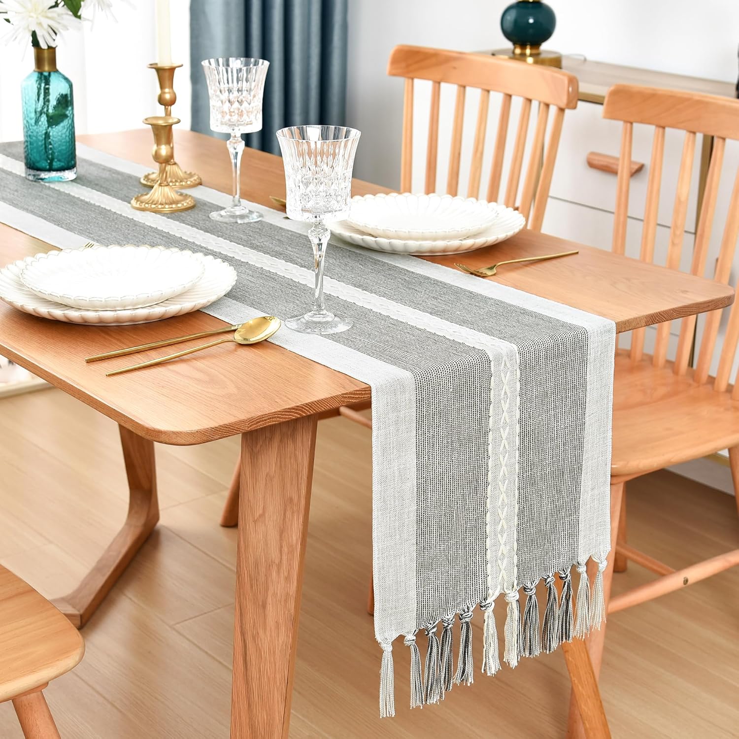 Amazon.com: Wolkemer Rustic Table Runner with Handmade Tassels Grey ...