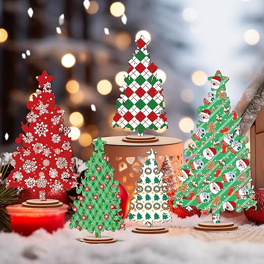 Amazon.com: Zzbakress 5 Pcs Rustic Wooden Christmas Tree Table Decor ...