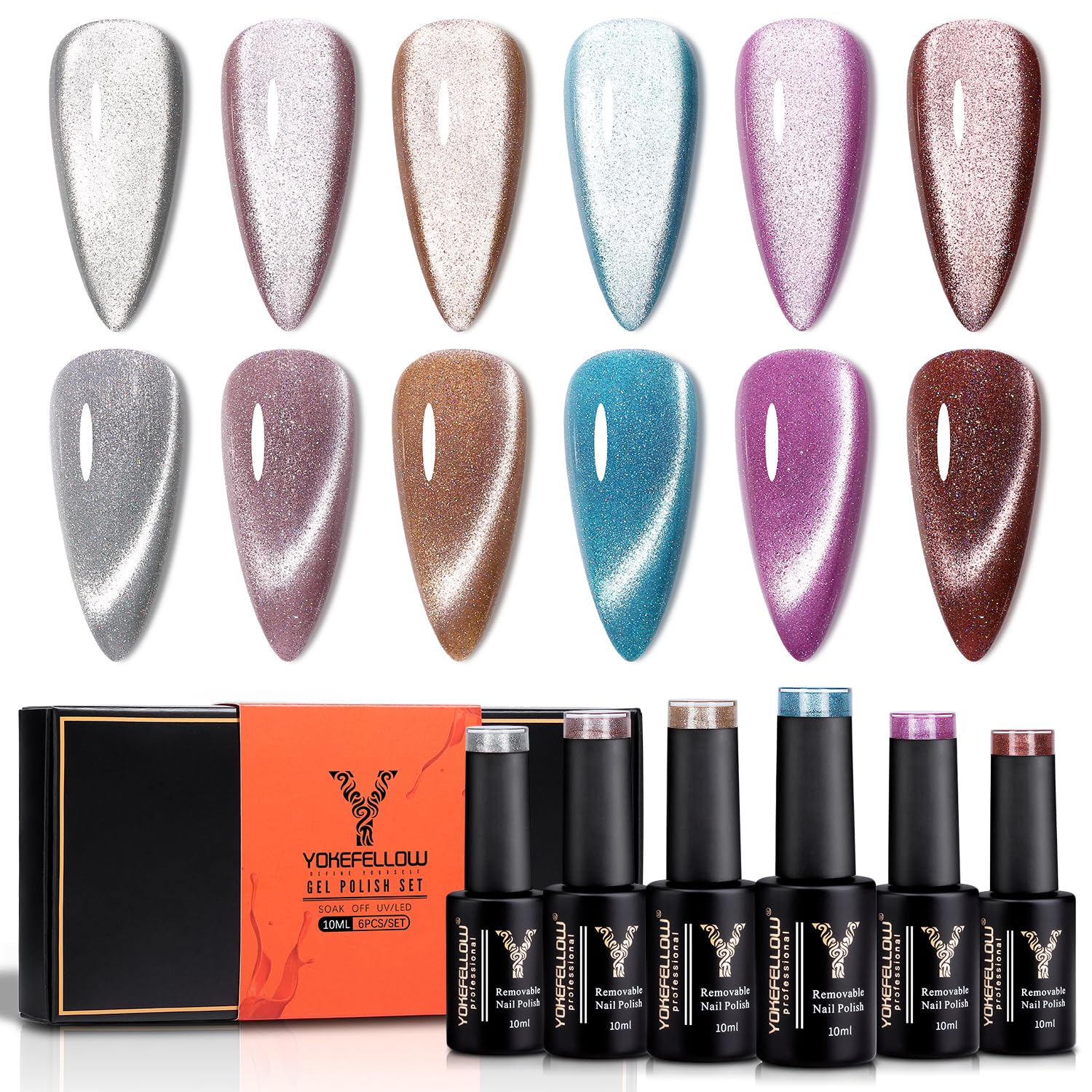 Amazon.com: YOKE FELLOW Cat Eye Gel Nail Polish Kit, 6 Pcs 10Ml Cat Eye ...