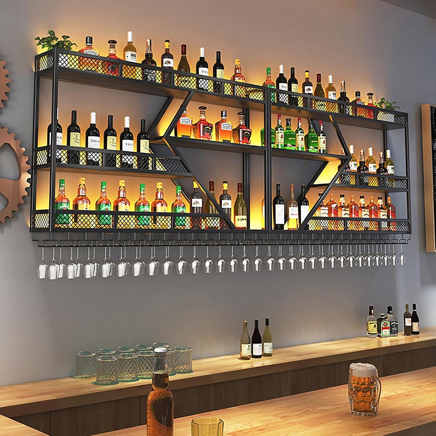 Floating Wine Rack with Light Display Stand Large Capacity Metal Wall ...