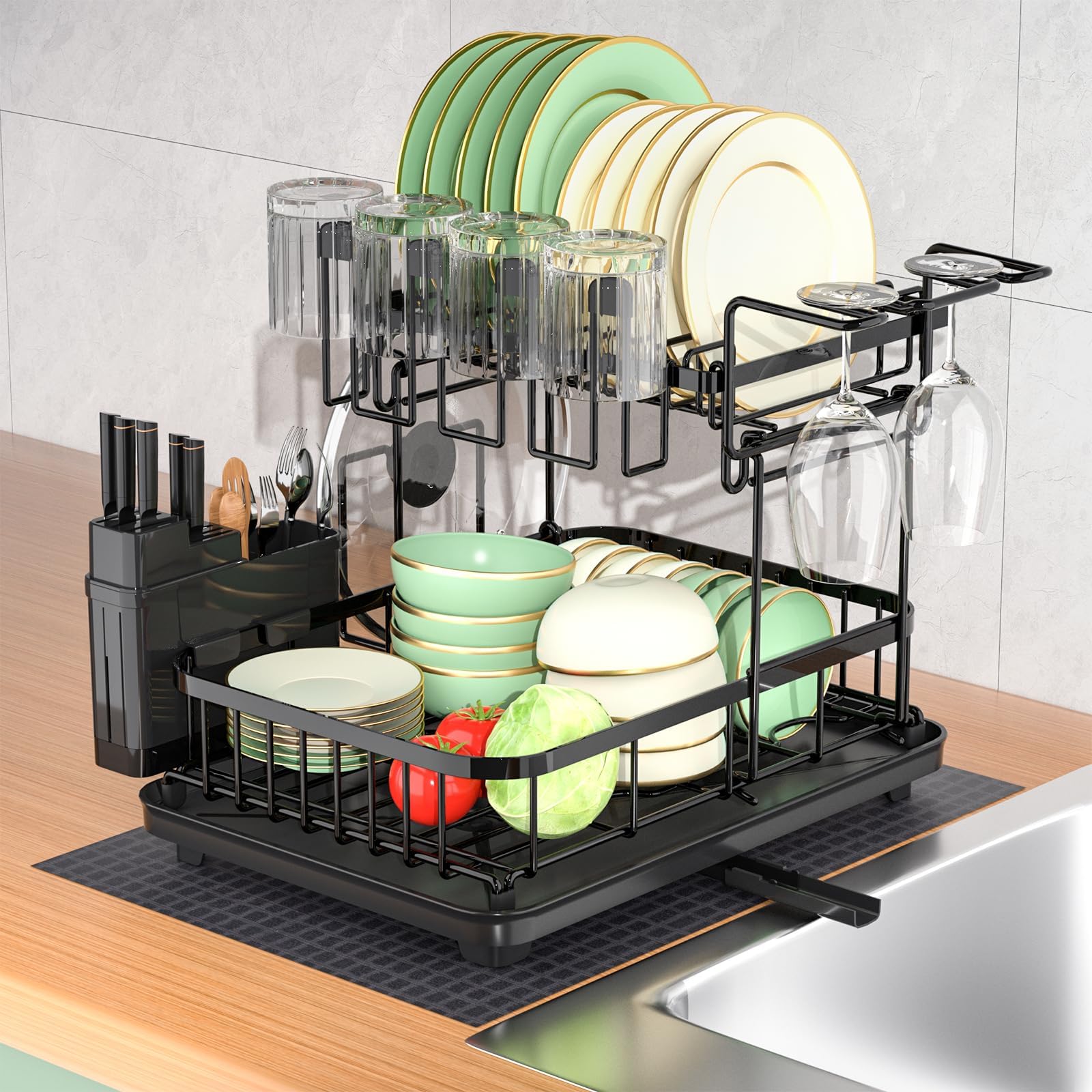 Amazon.com: iSPECLE Dish Drying Rack with Drainboard - 2 Tier Dish ...