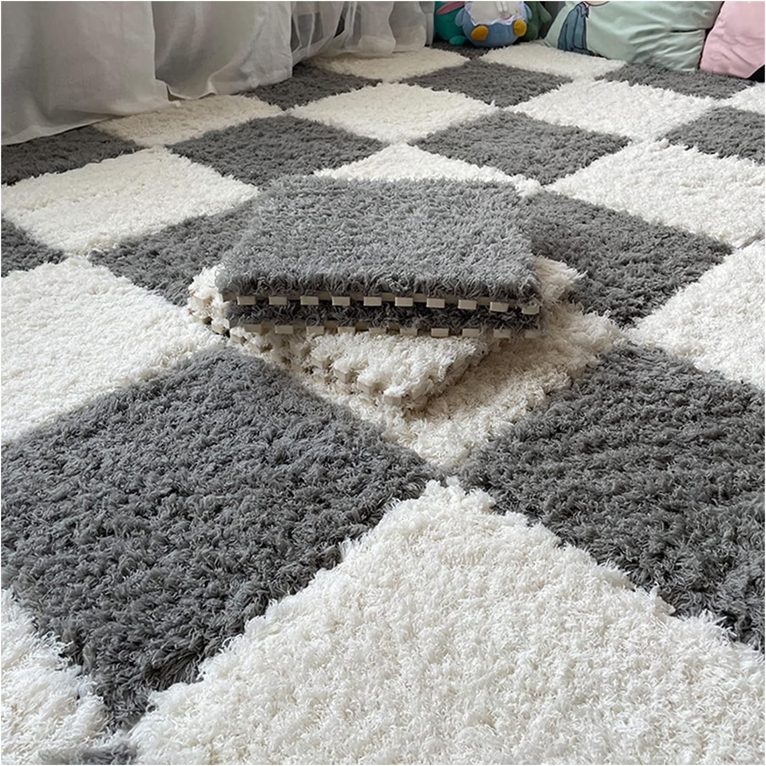 10 Pieces Interlocking Carpet Tiles, Soft Shaggy Plush Foam Mats ...