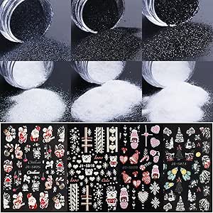 Amazon.com: Black White Nail Powder with 5D Xmas Nail Stickers : Beauty ...
