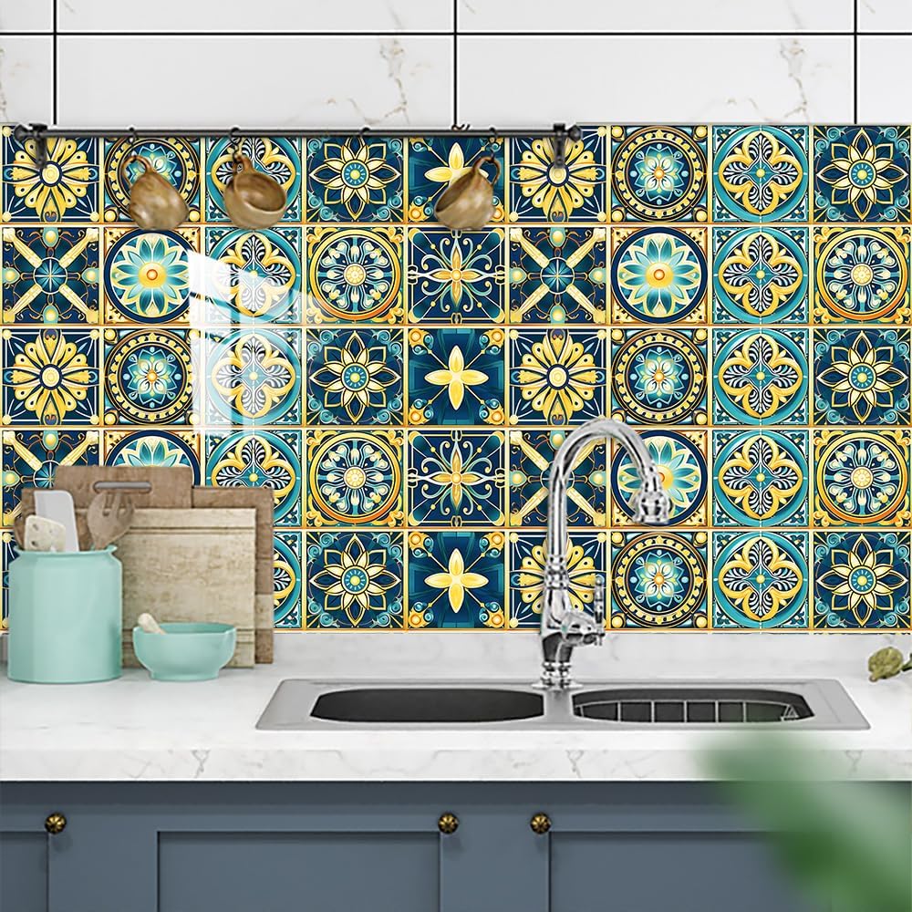 Amazon.com: Tile Stickers 10x10 cm (10 Pcs) Mandala Green Yellow Self ...