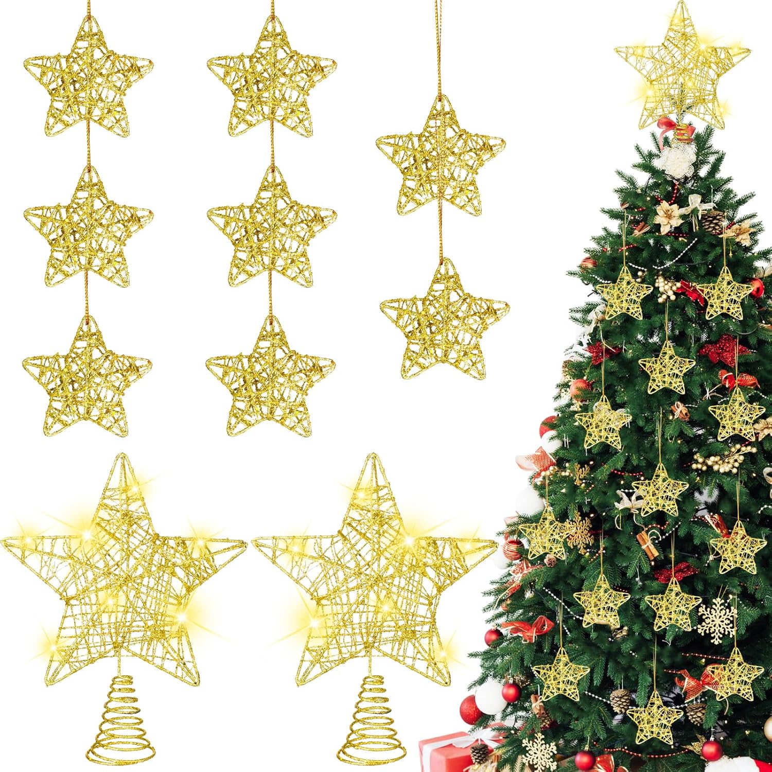 Amazon.com: Hiboom 10 Pcs Lighted Christmas Tree Topper Star ...