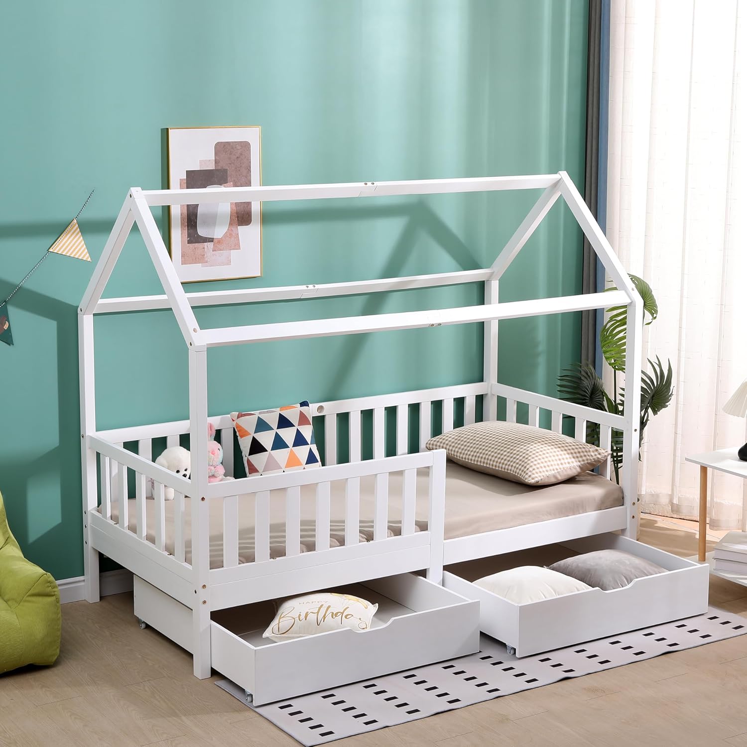 DONEWELL Kids Single Bed Frame - Bed with Underbed Storage Drawers ...