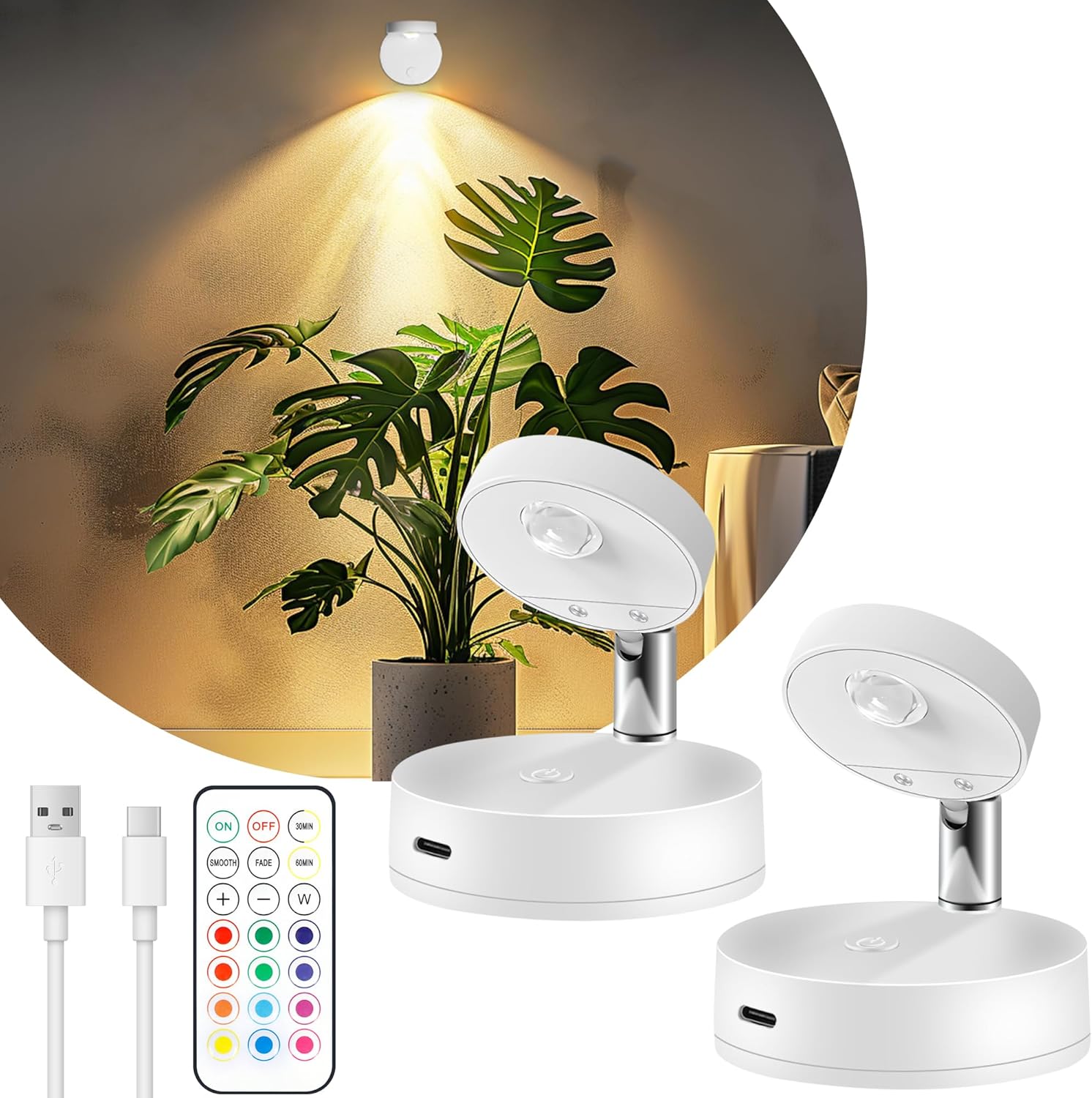 2 Pack Rechargeable LED Spotlight for Indoor, Wireless RGB Spot Light ...