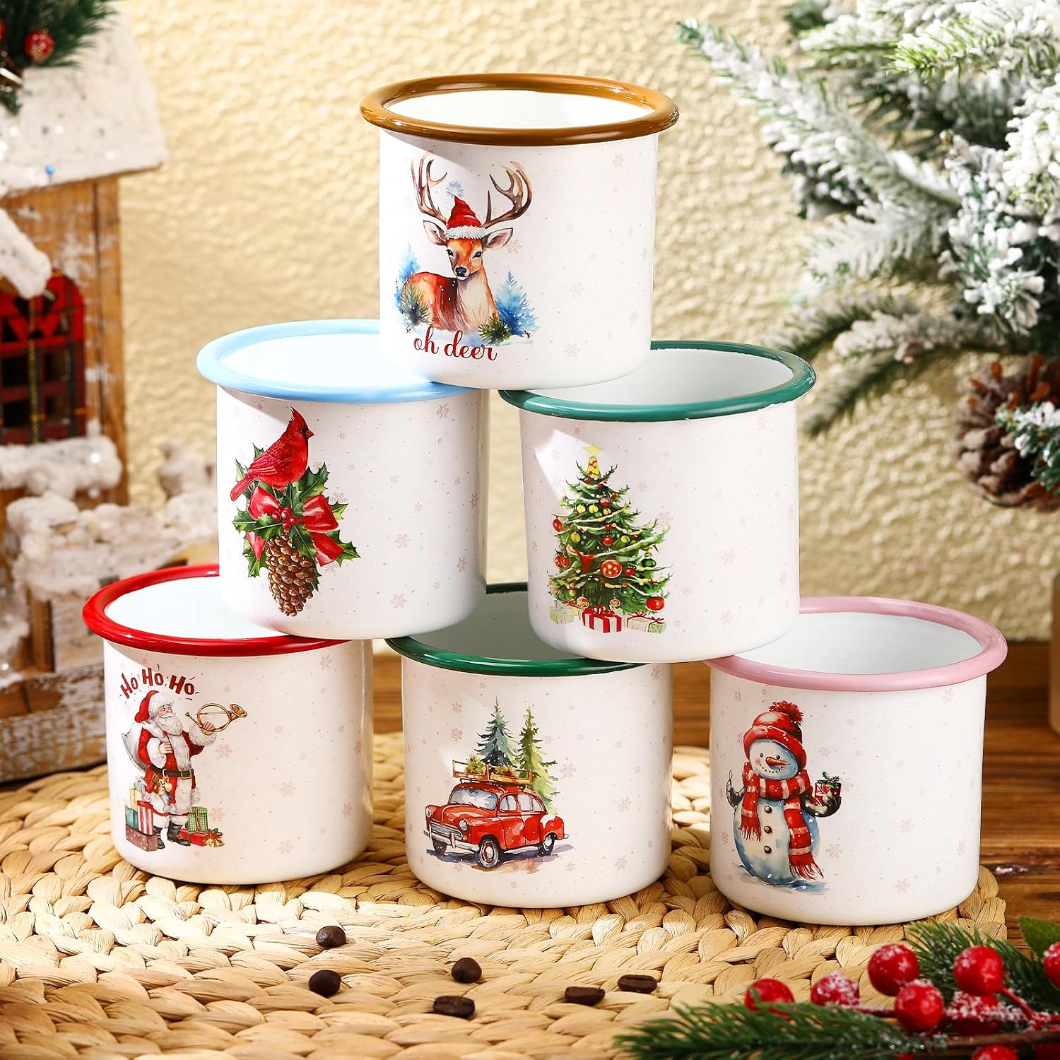 Geiserailie 6 Pcs 12 oz Christmas Coffee Mugs Christmas Bulk Enamel ...