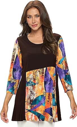 Jostar Women's Print Tunic Top - 3/4 Sleeve Contrast Printed Blouse at Amazon Women’s Clothing store