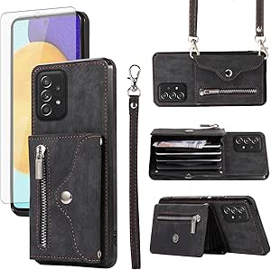 Amazon.com: Phone Case for Samsung Galaxy A52/A52S 5G Wallet Cover with Tempered Glass Screen ...