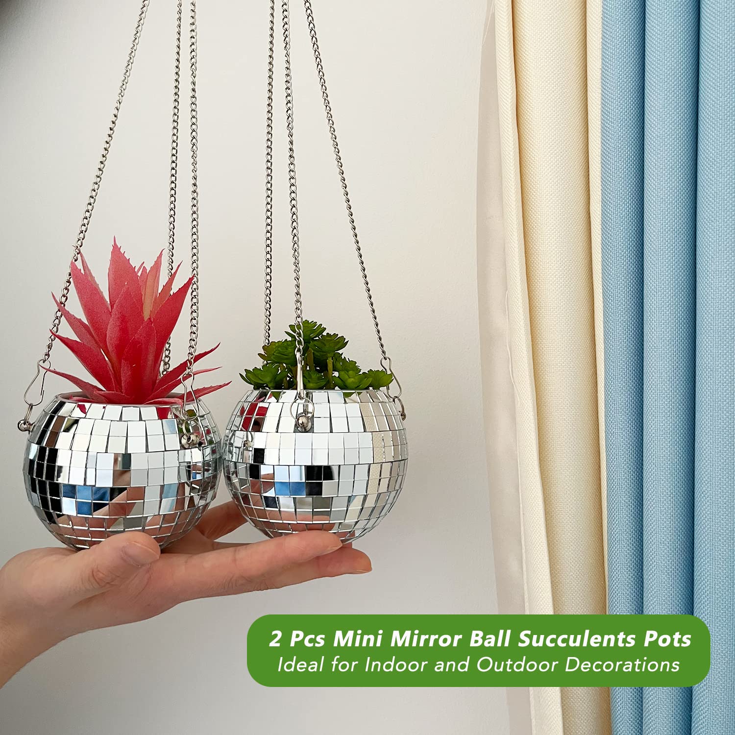 2 Pcs 4 " Disco Ball Planter with Chain - Mirror Ball Flower Succulents ...