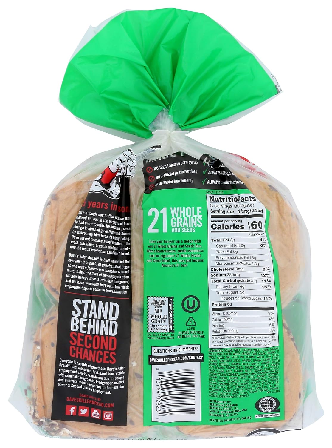 Dave’s Killer Bread 21 granos enteros y semillas Bun 8Count, 17.6 oz ...