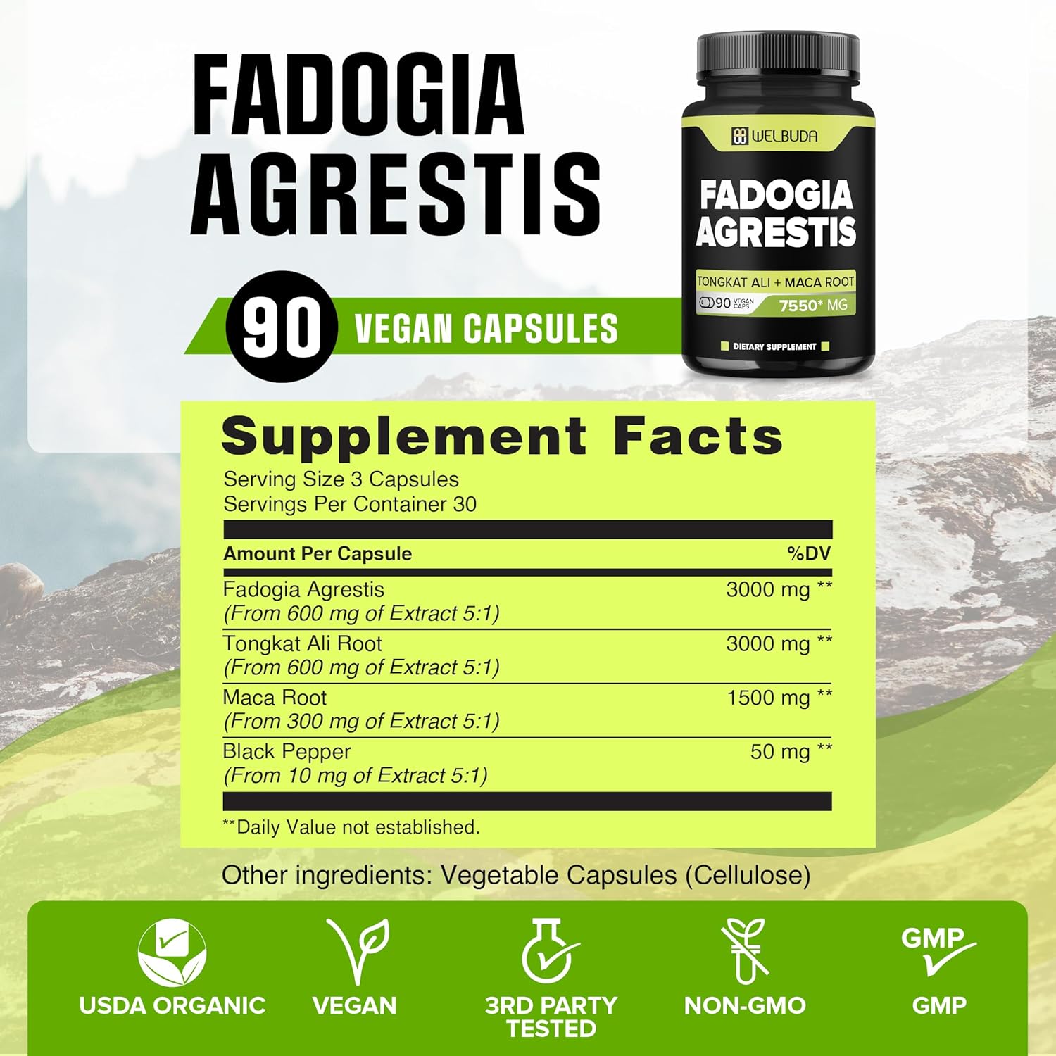 4 en 1 Fadogia Agrestis Suplemento 7550mg 90 cápsulas Extra fuerte con ...