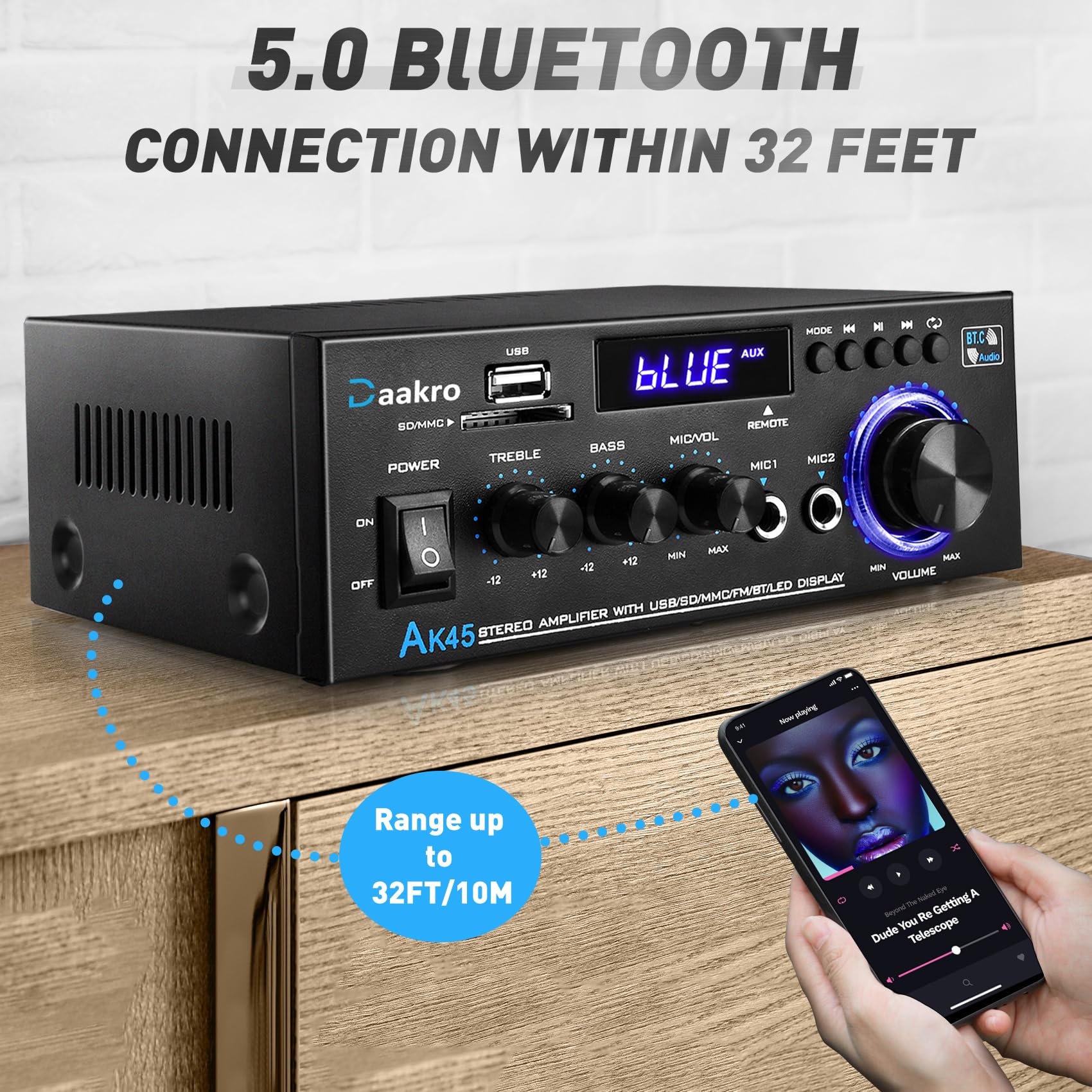 Audio Receiver AK45 Pro Home Audio Amplifier With Bluetooth 5.0 - 30Wx2 ...