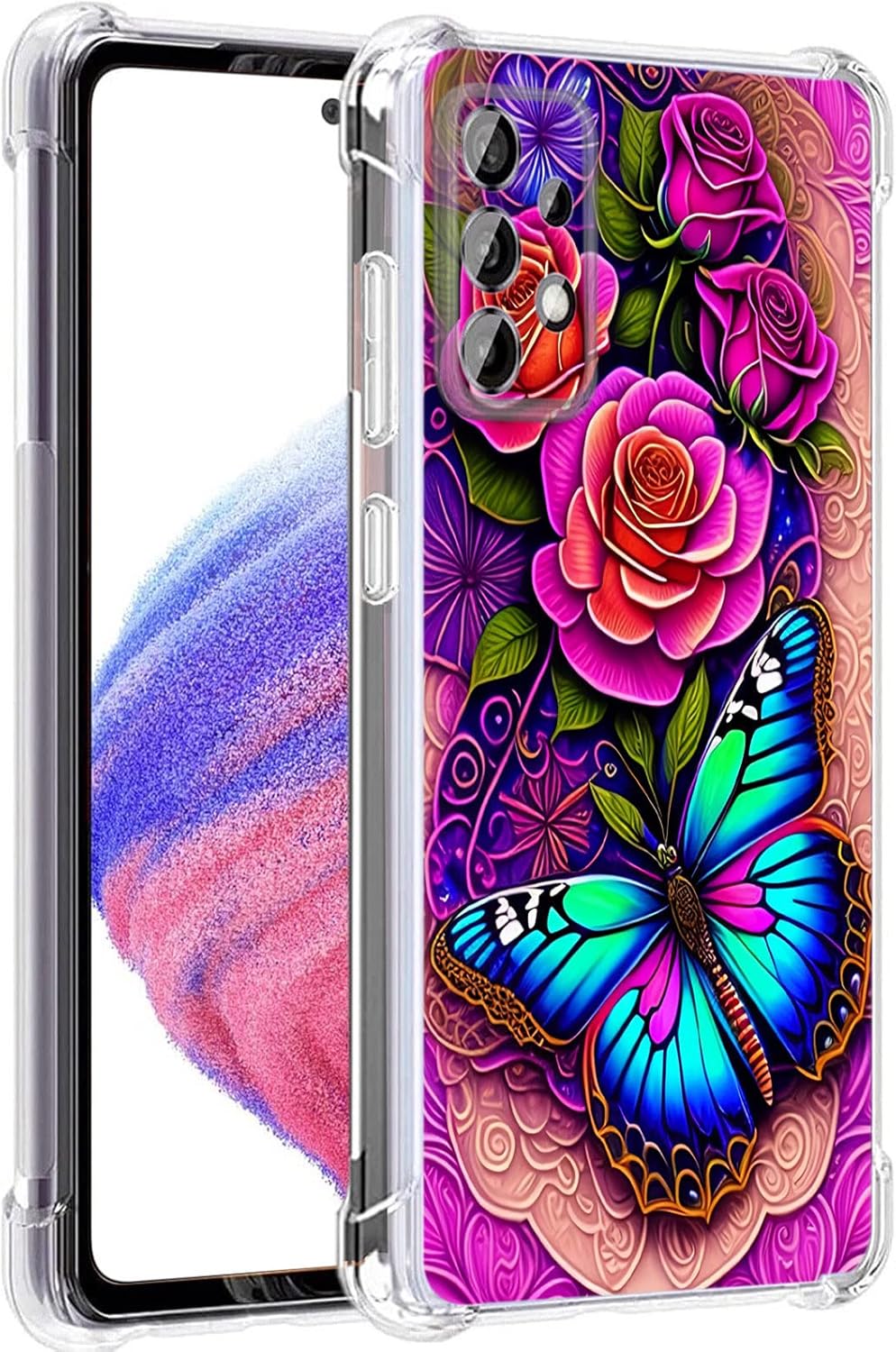 Amazon.com: Beaucov Galaxy A53 5G Case,Blue Butterfly Flowers Rose Drop ...