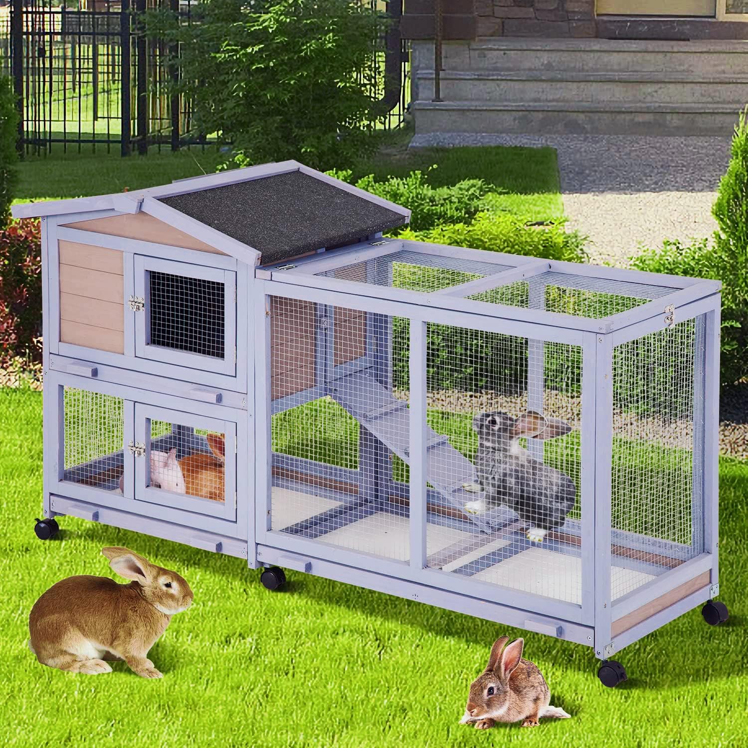 Amazon.com: GINMAON Rabbit Hutch Indoor 58" Rabbit Cage Outdoor Wooden ...
