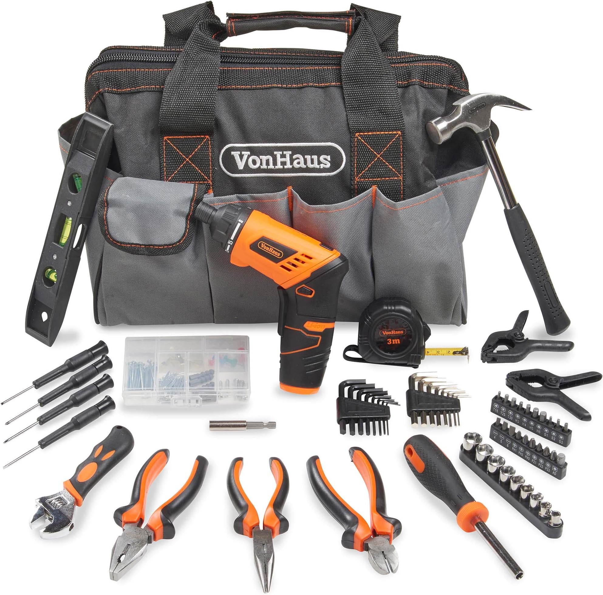 VonHaus Cordless Hand Drill and Household Tool Kit - 94pc Tool Kit for ...