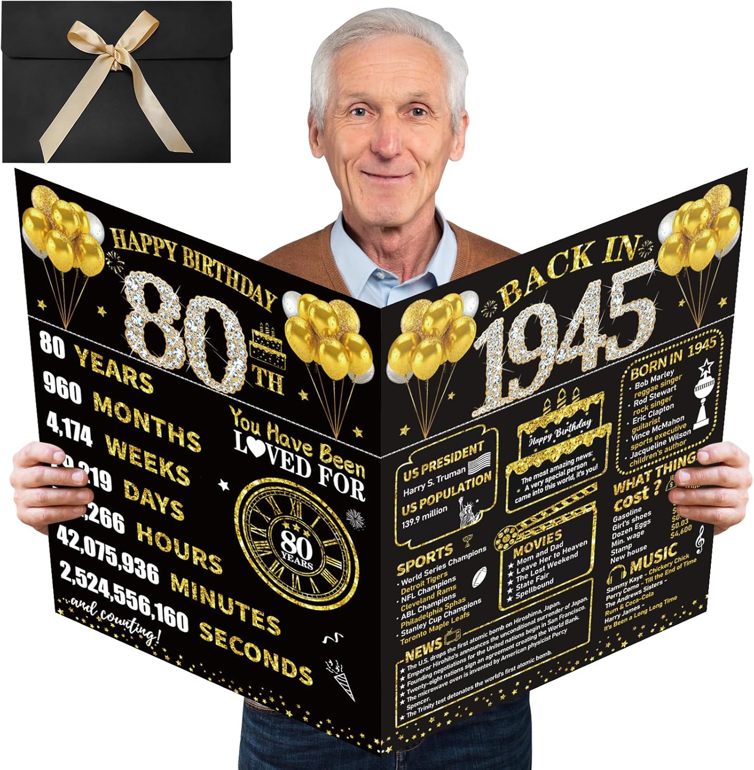 Amazon.com: Kuxriox Large 80th Birthday Card With Envelope, Black Gold ...