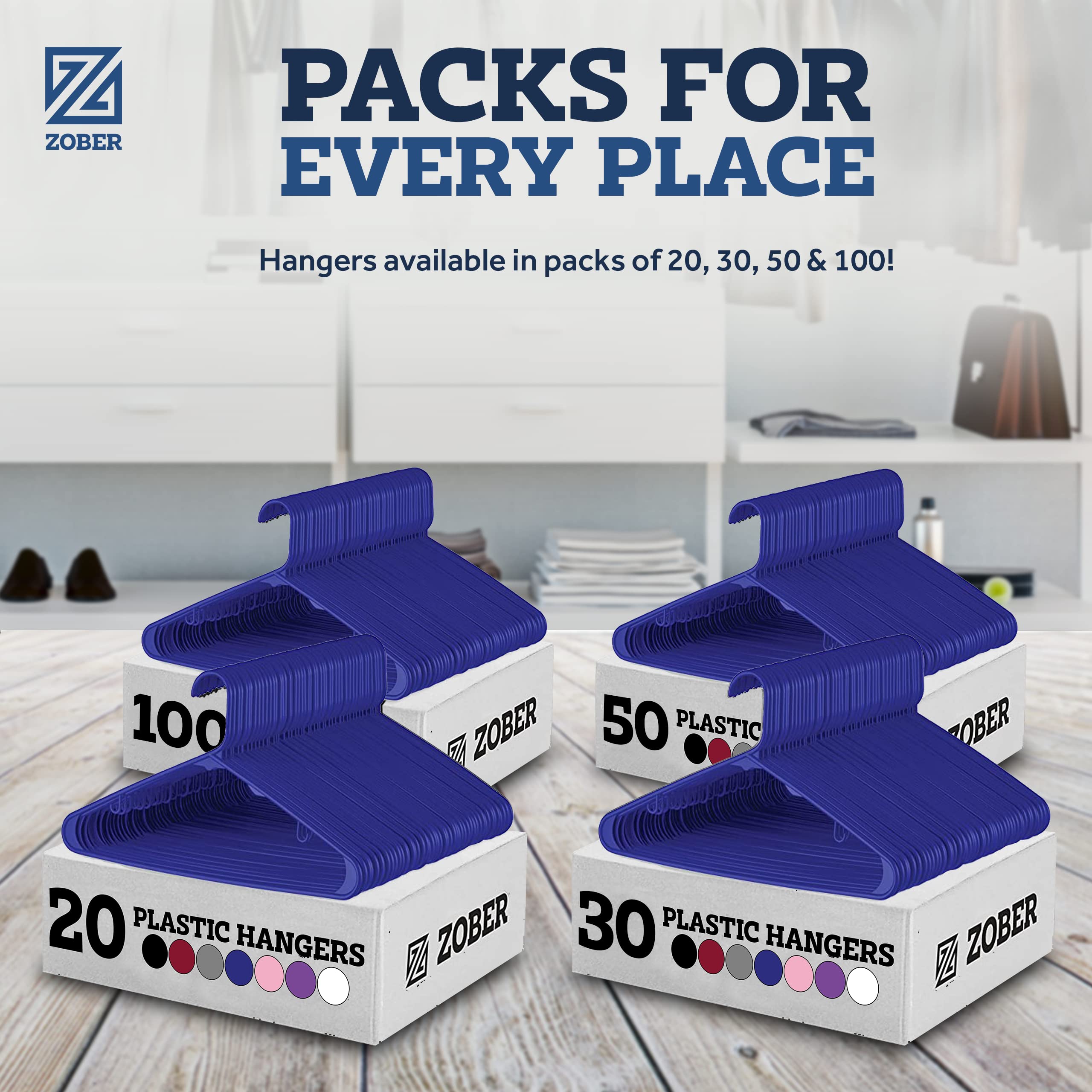 Zober Plastic Hangers 100 Pack - Blue Plastic Hangers - Space Saving ...