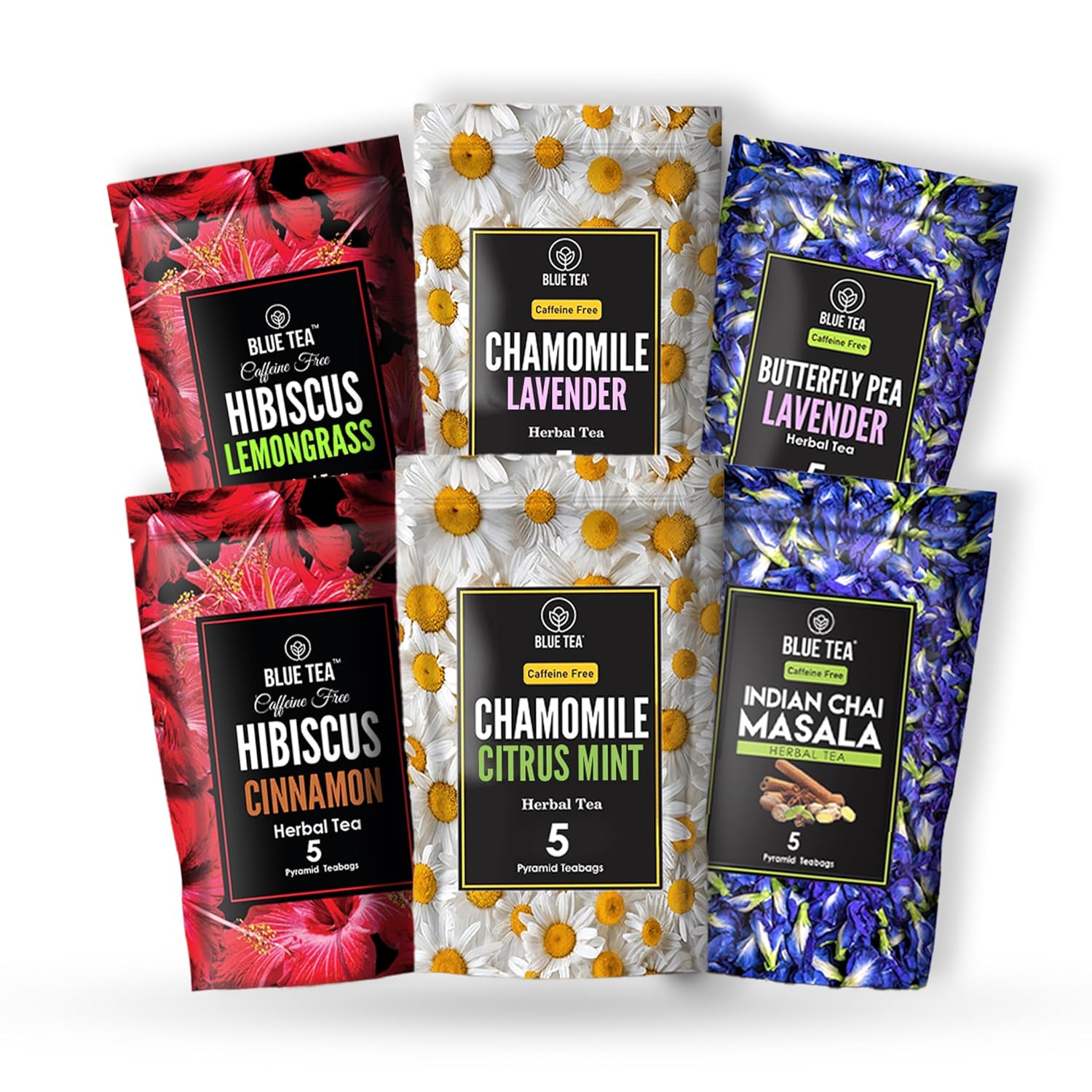 BLUE TEA - Assortment Flower Herbal Sampler Tea Pack (6 Flavors, 30 Tea ...