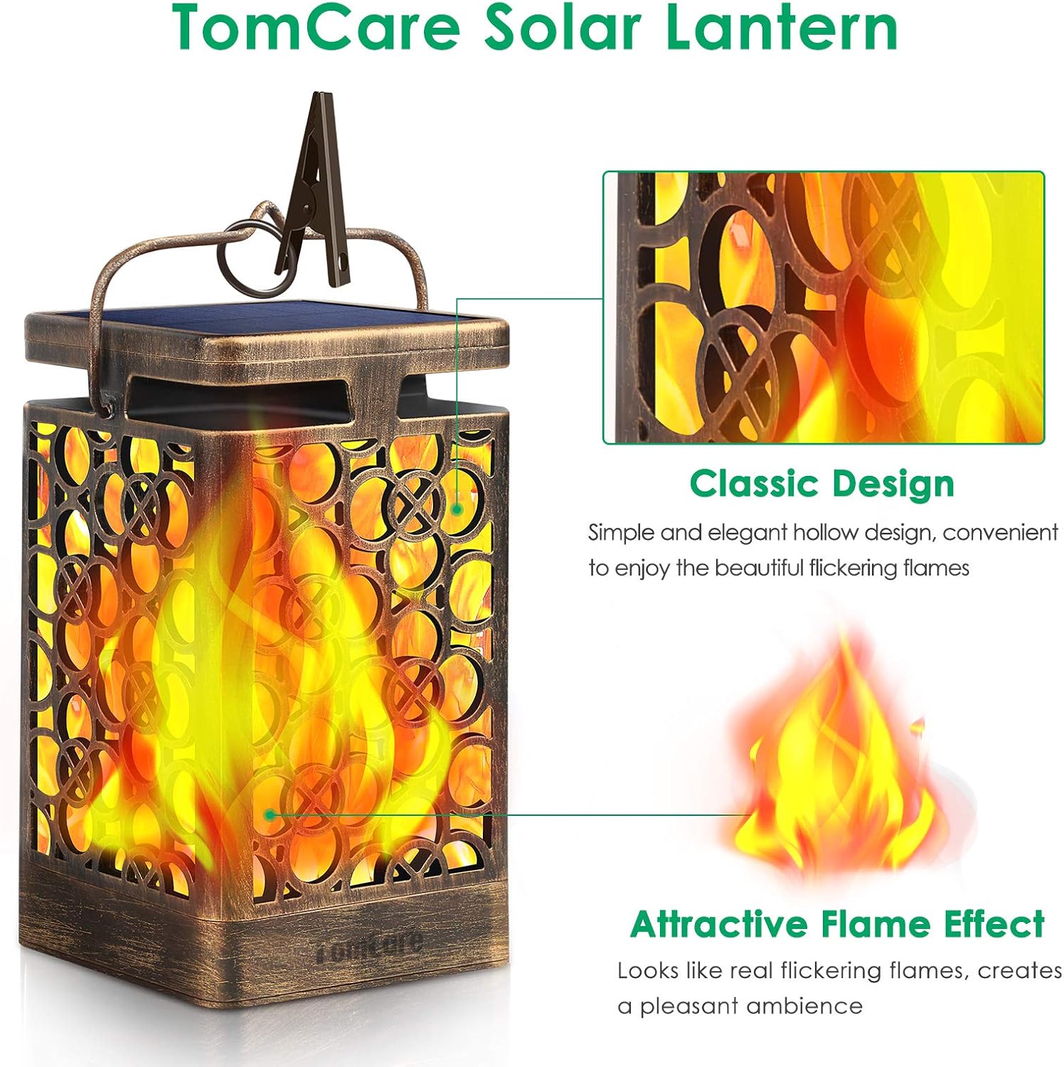 TomCare Luces solares mejoradas con llama parpadeante para exteriores ...