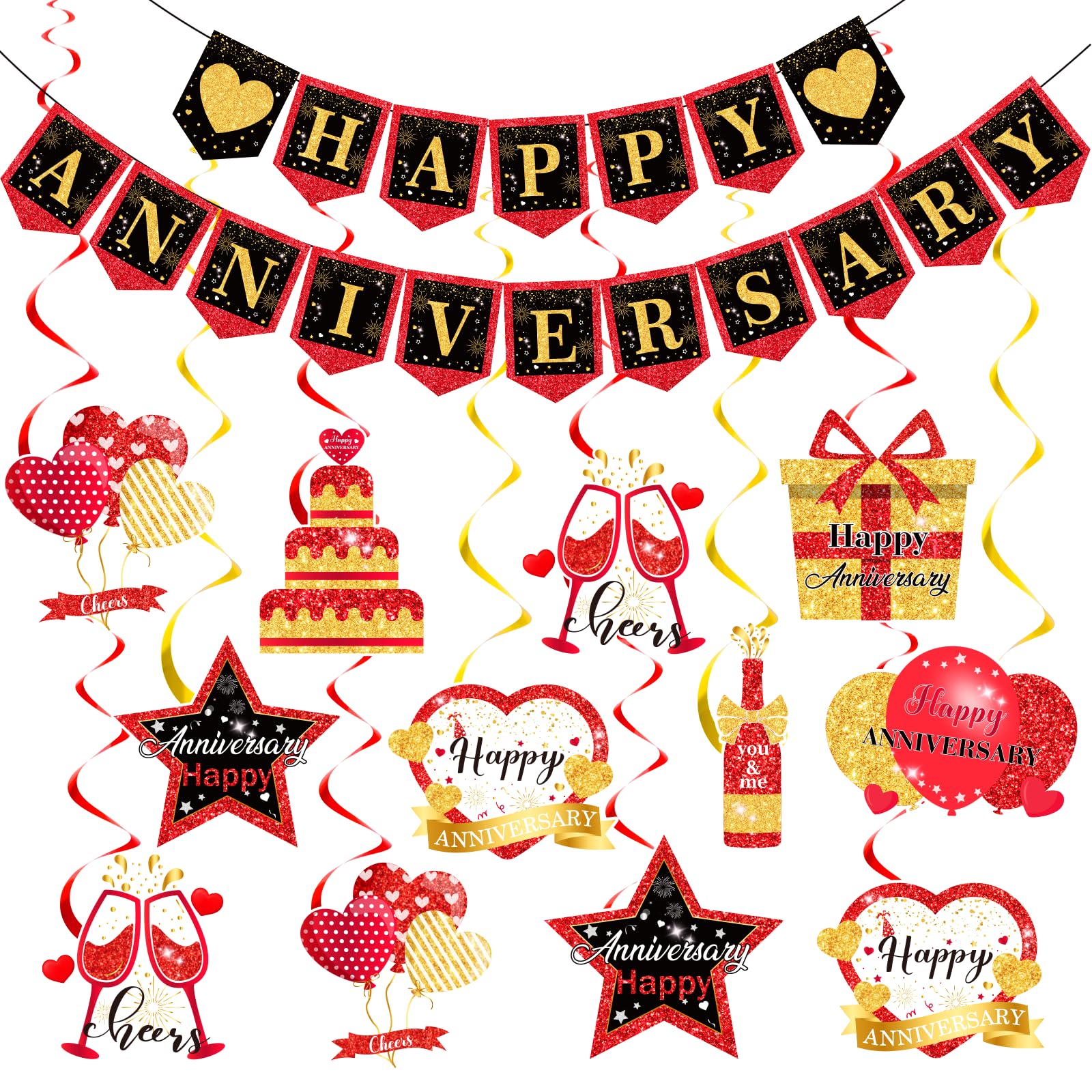 Amazon.com: Red Happy Anniversary Banner Red Gold Anniversary Party ...