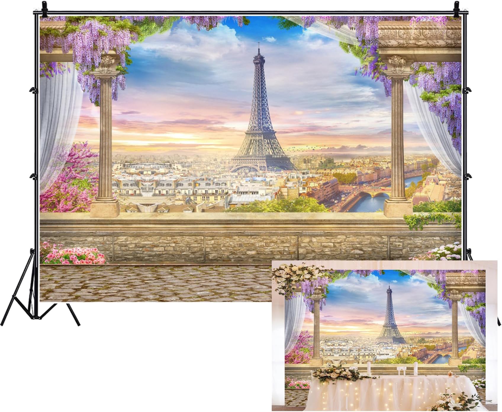 Amazon.com : BELECO 7x5ft Fabric Paris Street Cafe Backdrop for ...