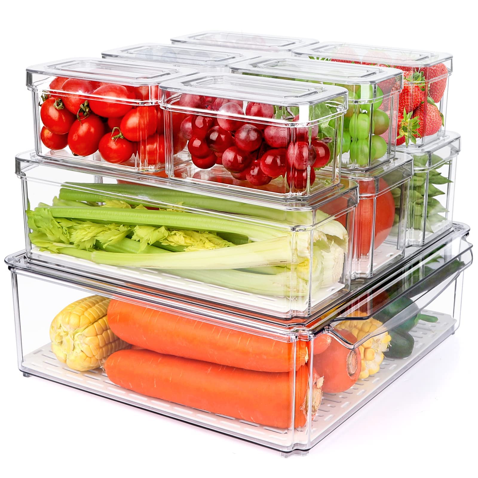 Feshory 10 Pack Clear Stackable Fridge Organiser Bins with Lids & Drain ...