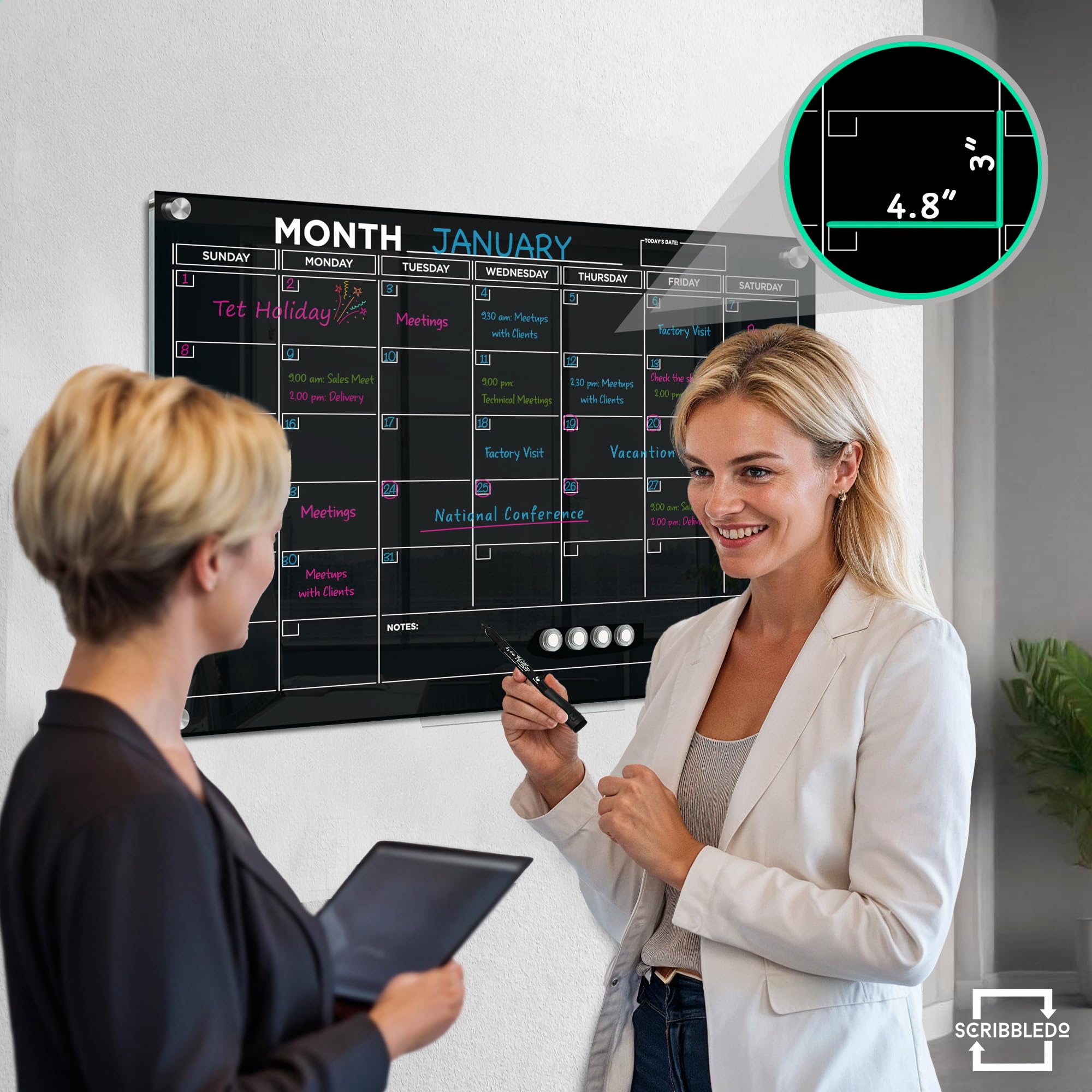 Snapklik.com : Black 24”x36” Magnetic Glass Whiteboard Calendar Planner ...