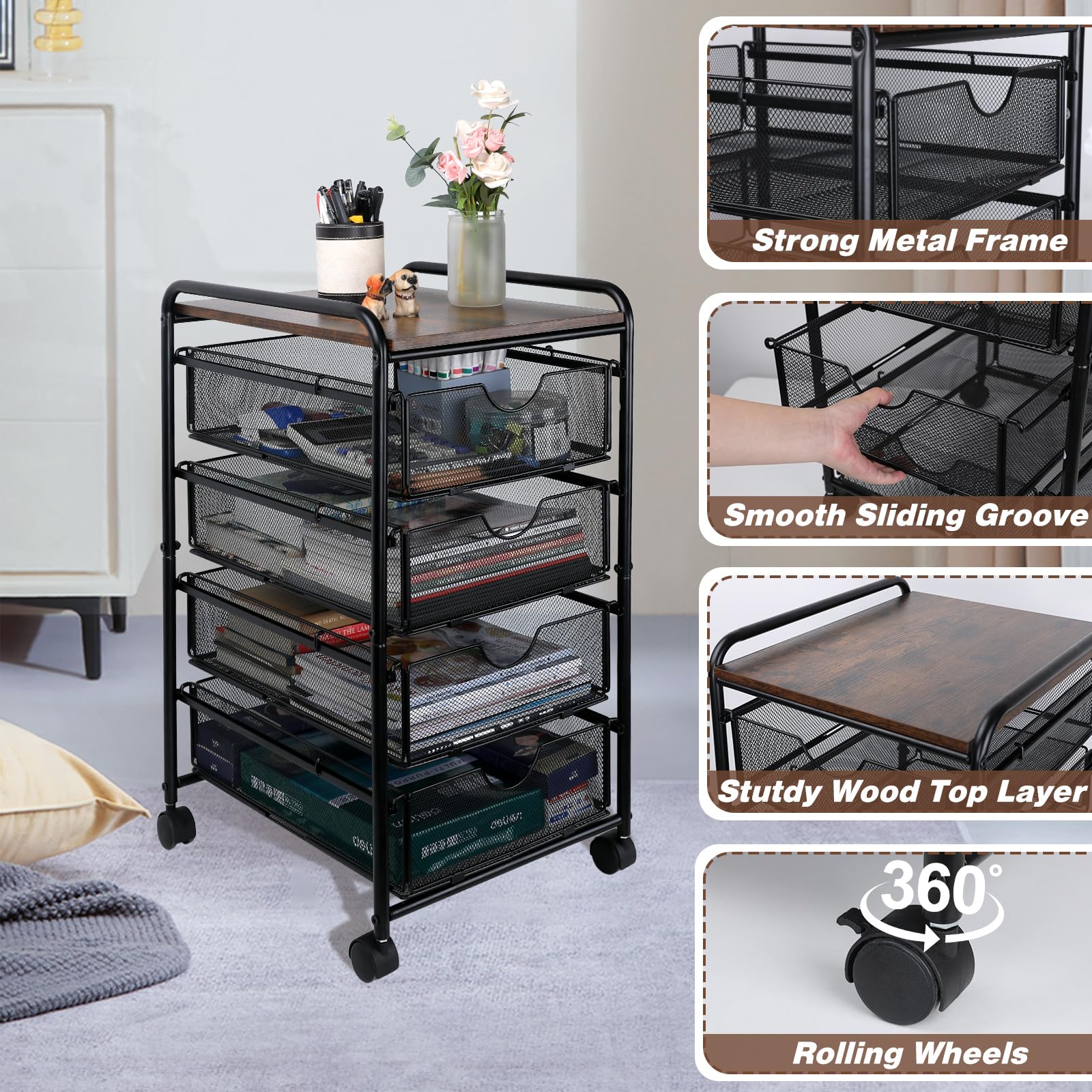 EasyPAG Mesh File Storage Drawer Carts with 4 Swivel Casters Rolling ...