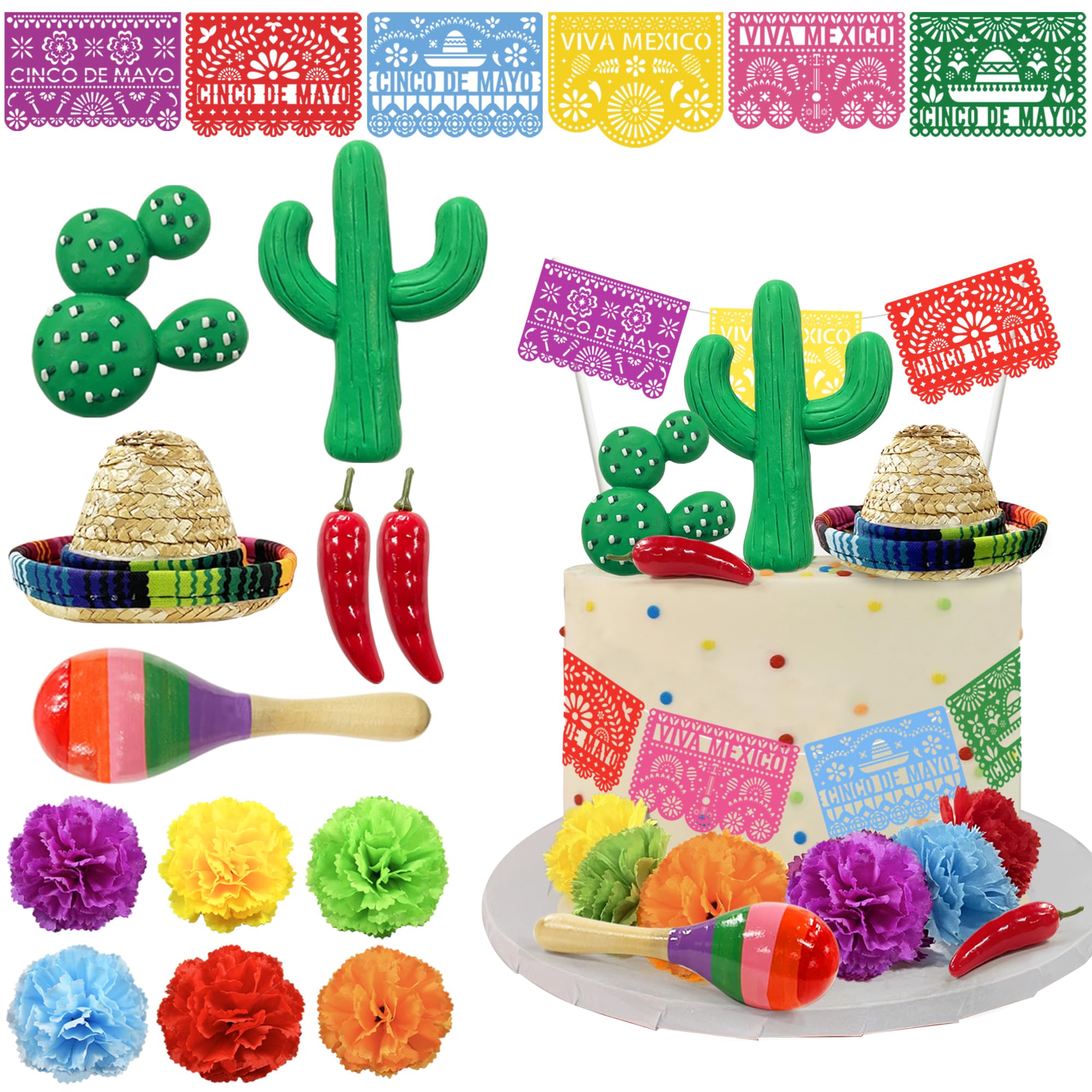 Amazon.com: 25 PCS Mexican Fiesta Cake Topper Mini Mexican Papel Picado ...