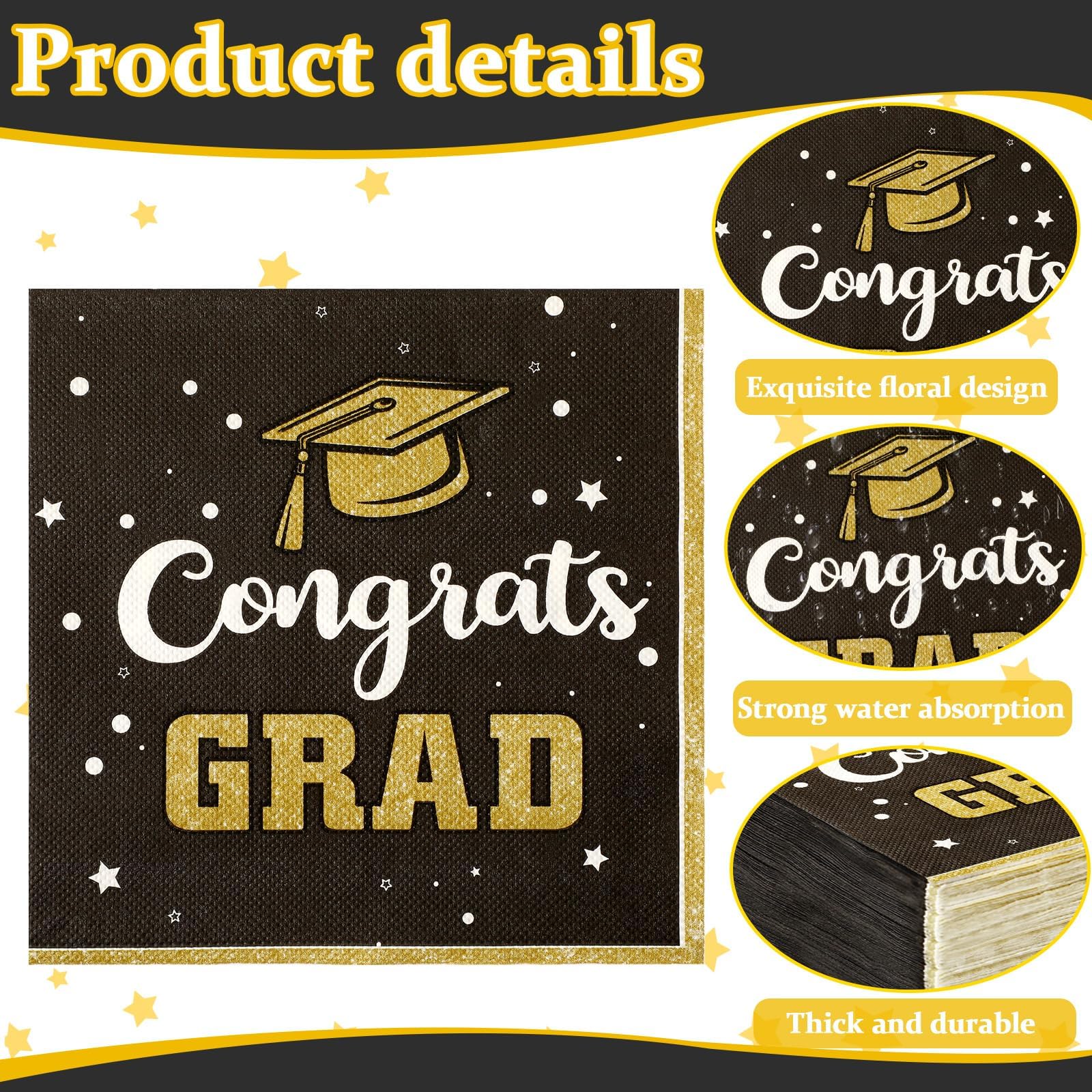 Snapklik.com : 100 Graduation Napkins Black And Gold 2025 Congrats Grad ...