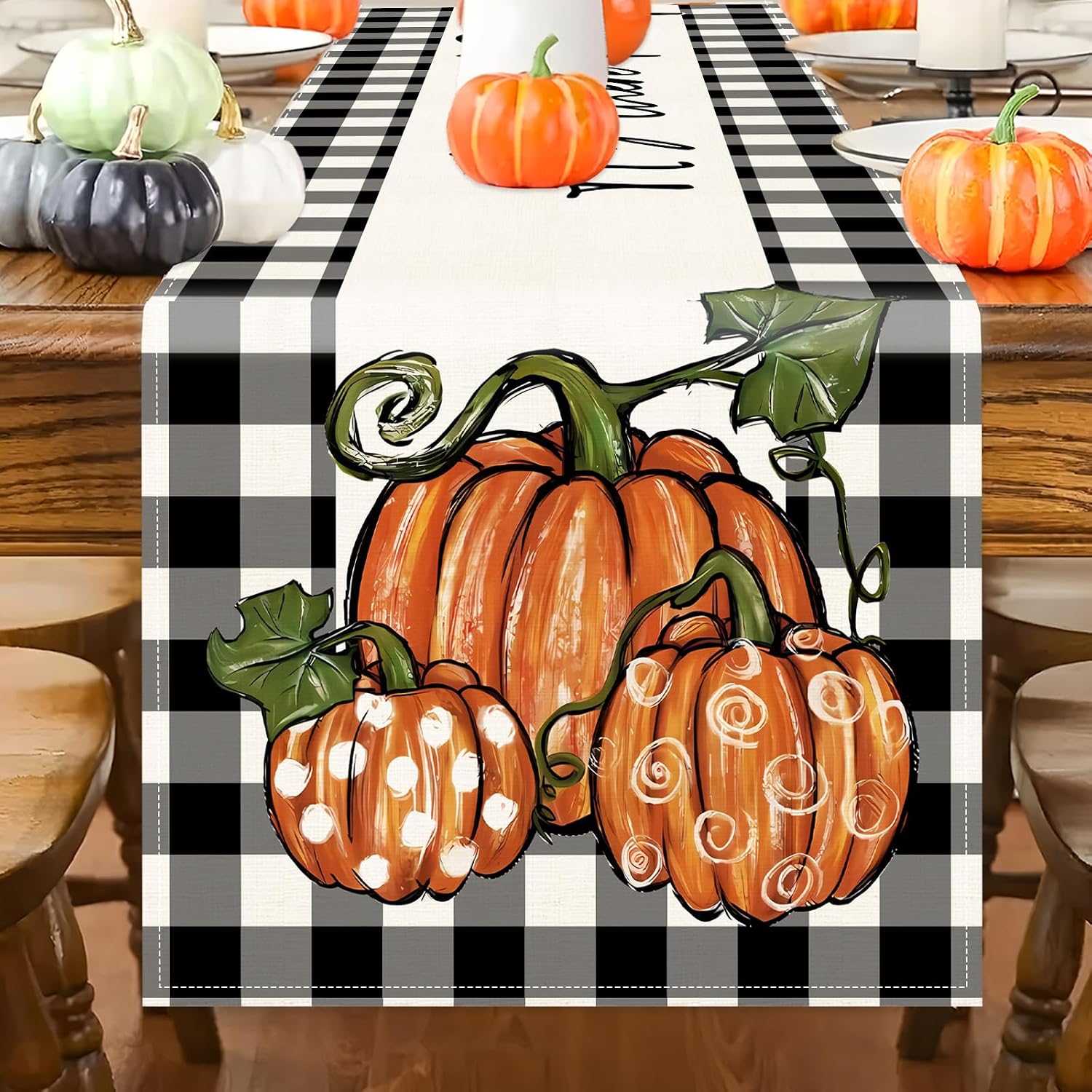 Amazon.com: Fall Table Runner 13x72 Inch Long Linen Pumpkin Buffalo ...