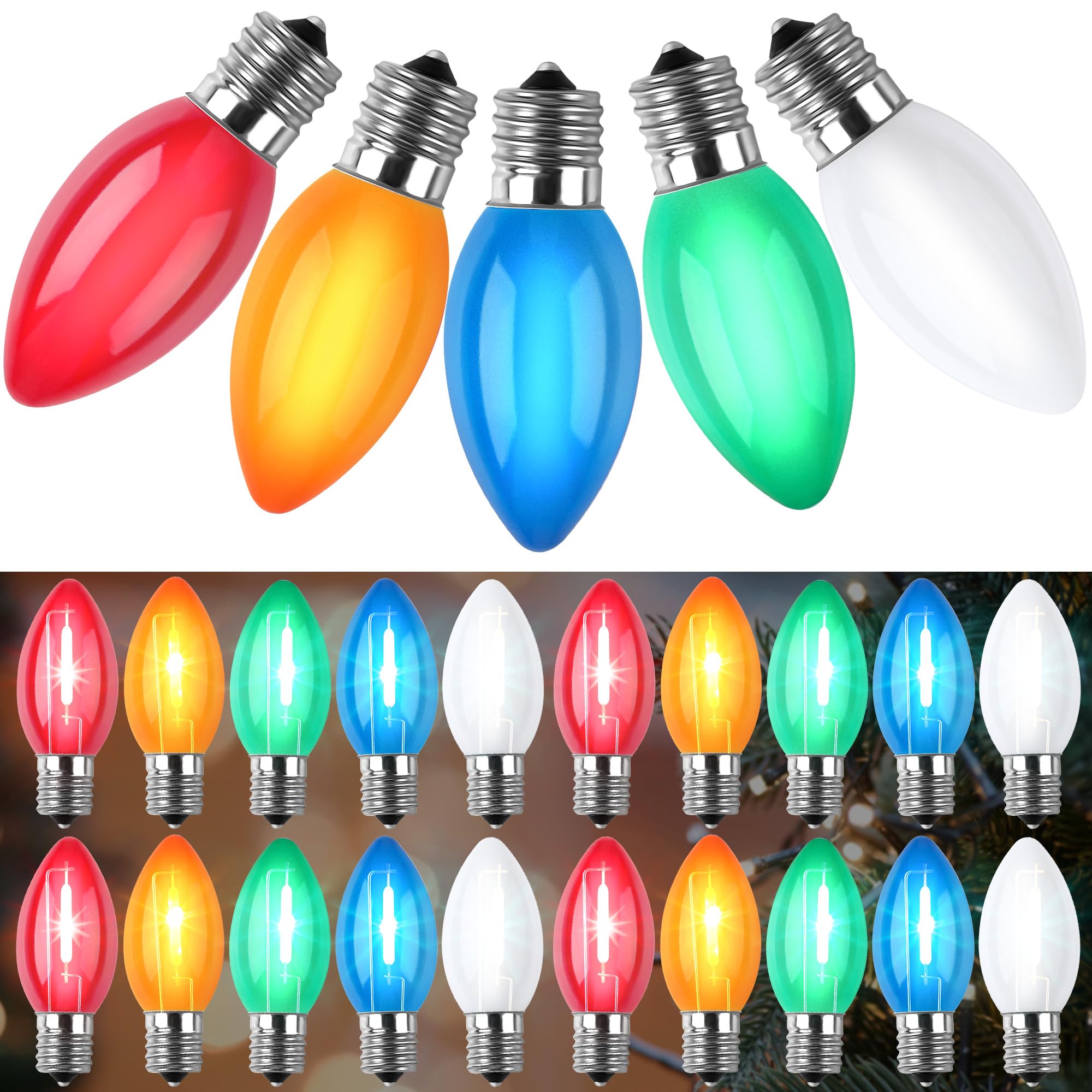 Meonum 25 Pack Multicolor C9 LED Christmas Light Bulbs, Waterproof E17 ...