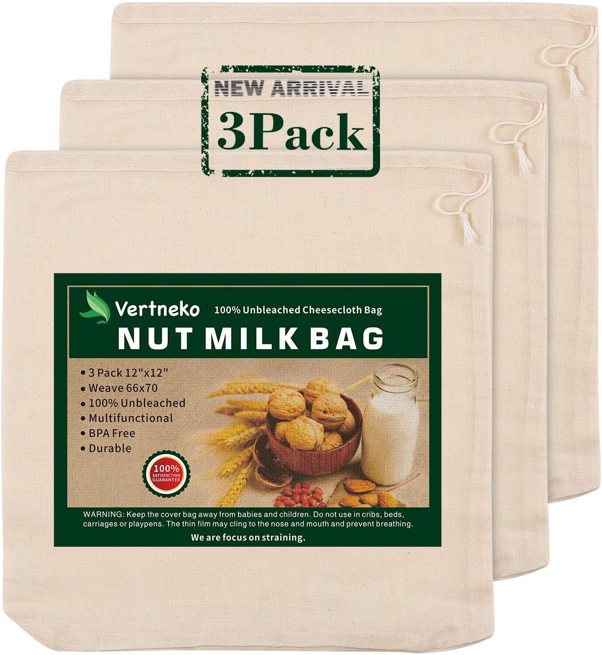 6 Pack Nut Milk Bags - Bojuzhi Unbleached Cotton Cheesecloth Bags for ...
