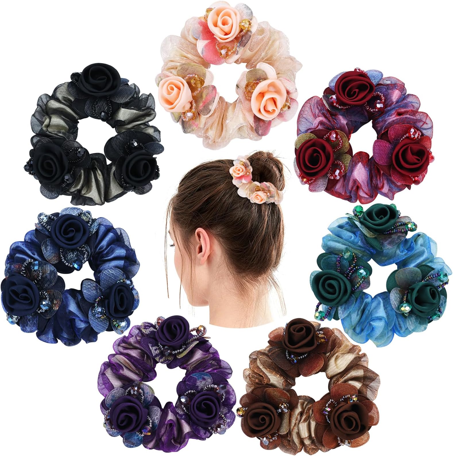 Amazon.com : 4 Pcs Flower Hair Scrunchies Ravlzors Rose Hair Elastics ...