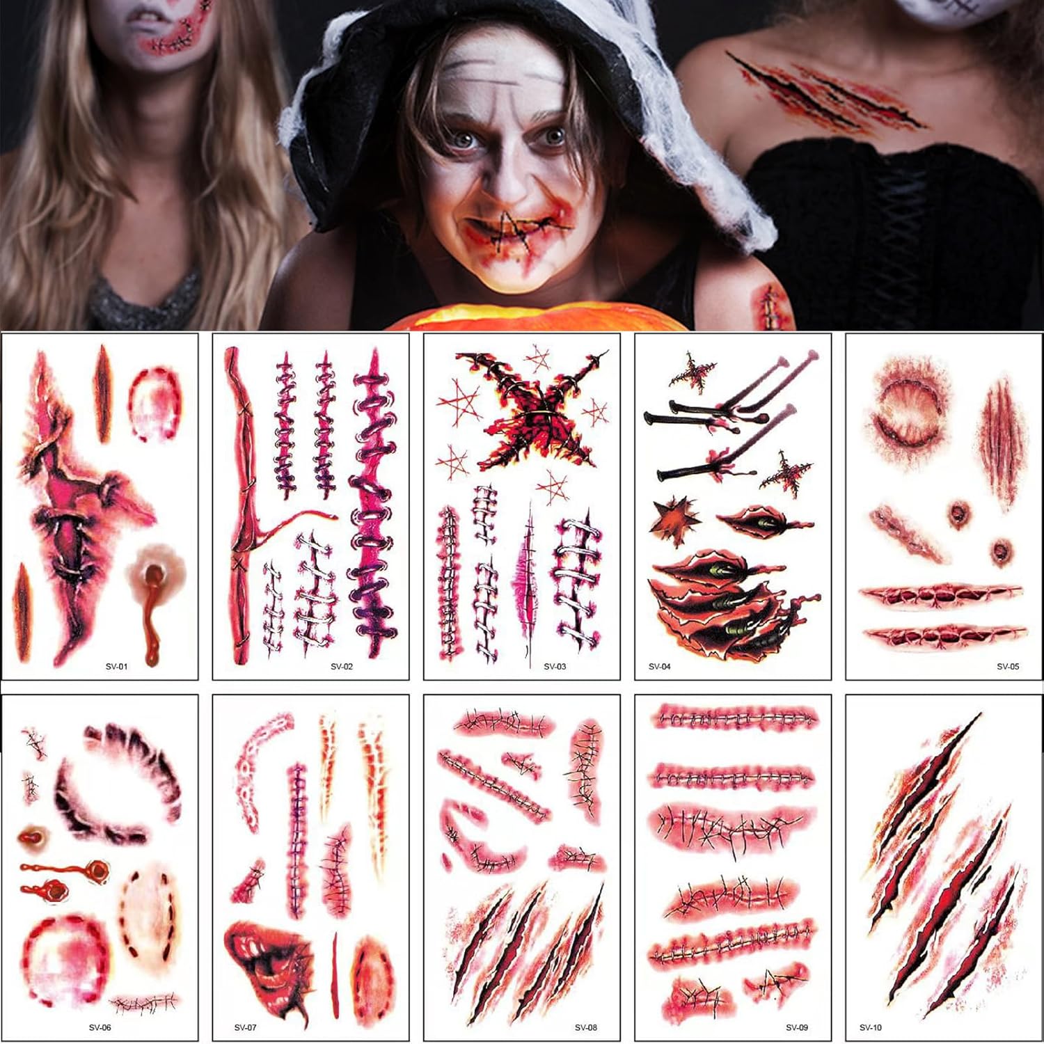 Amazon.com : Halloween Temporary Tattoos,50+ PCS Realistic Fake Scars ...