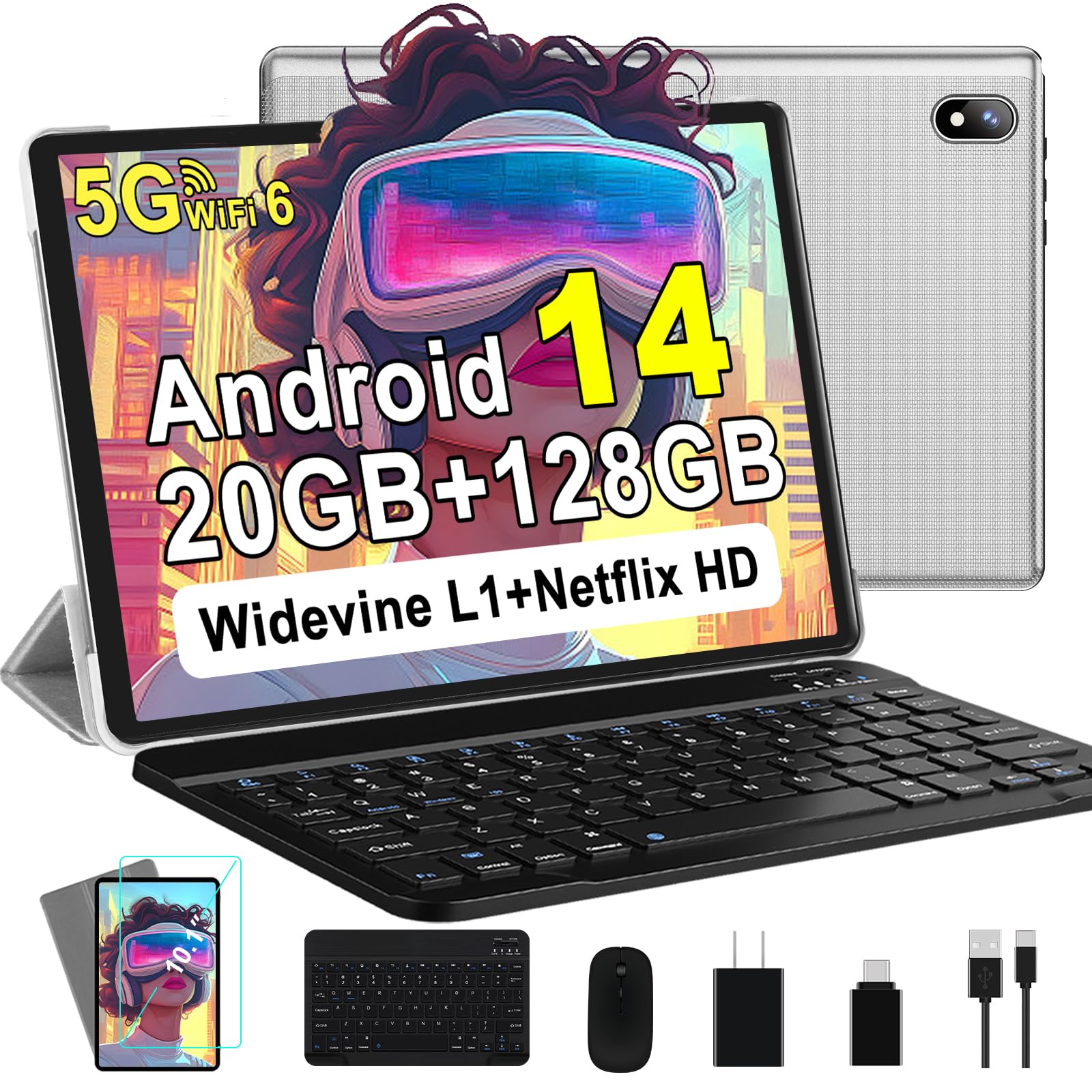 Android 14 Tablet 10.1 inch Tablets, 128GB+20GB/1TB Expandable, WiFi 6 ...