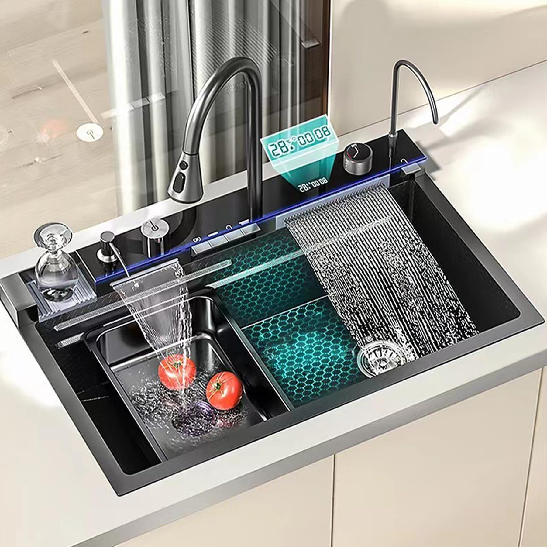 Black Smart Waterfall Kitchen Sink 31.5" Drop-In Workstation - 304 ...