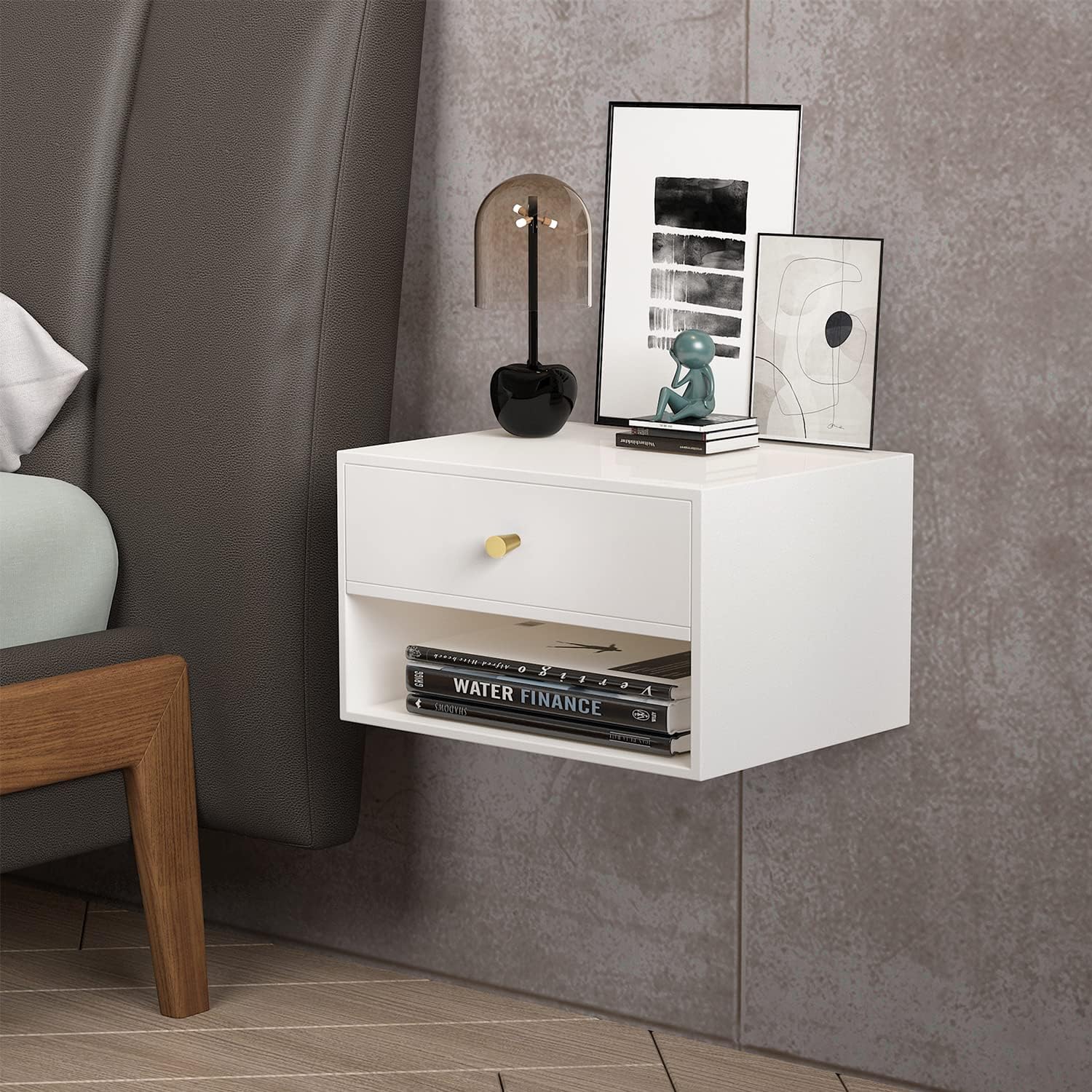 RANK Table de chevet flottante moderne blanche avec étagère murale avec ...