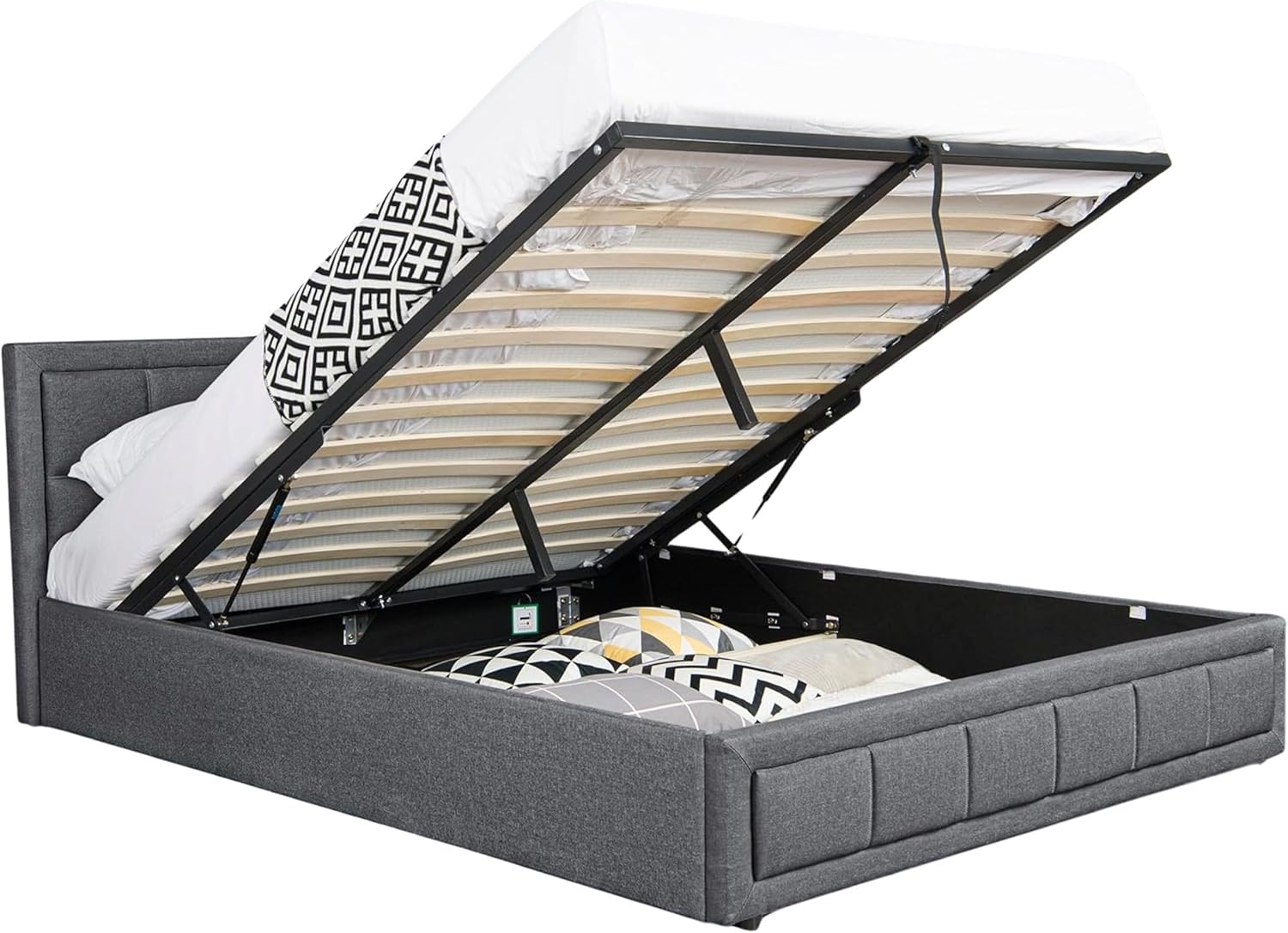 Modernique Grey Fabric Ottoman Storage Bed with Underneath Storage ...