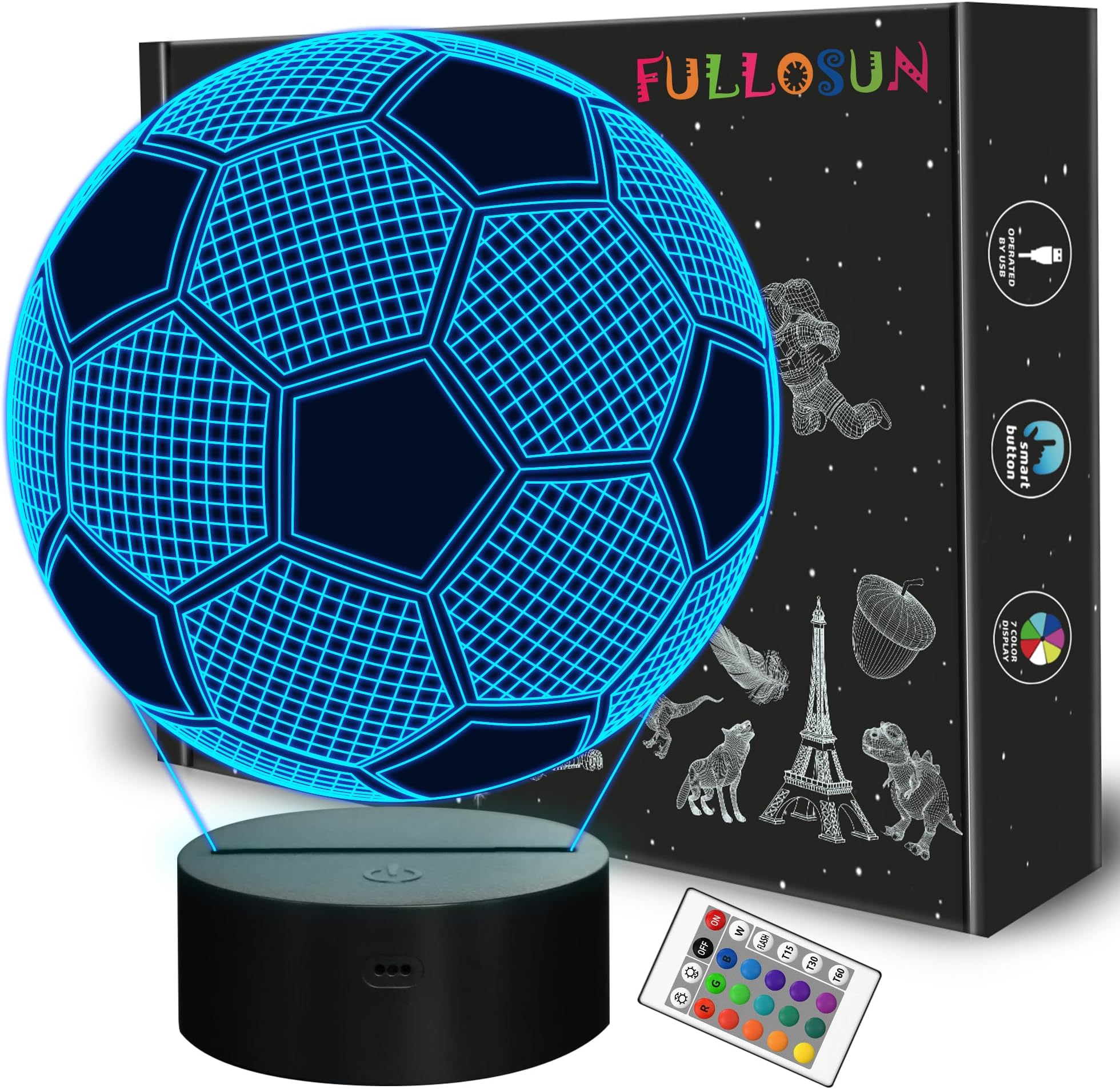 Soccer 3D Night Light for Kids, FULLOSUN Football Optical Illusion LED ...