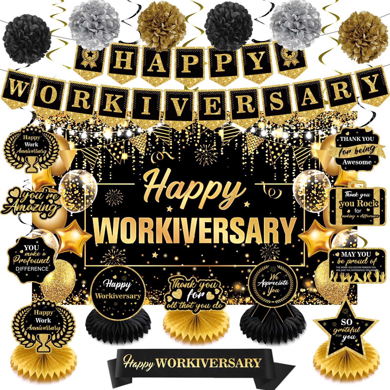 Amazon.com: Black Gold Happy Workiversary Decorations Happy Work ...