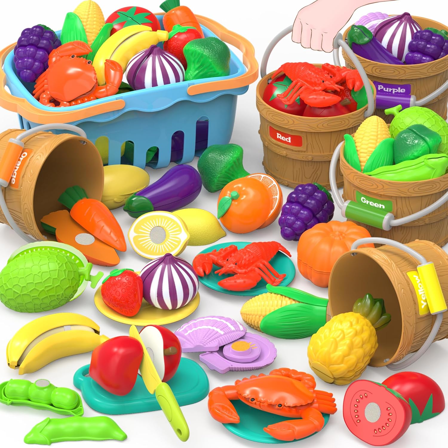 Amazon.com: Play Food Set - Color & Food Sorting Buckets with Handing ...